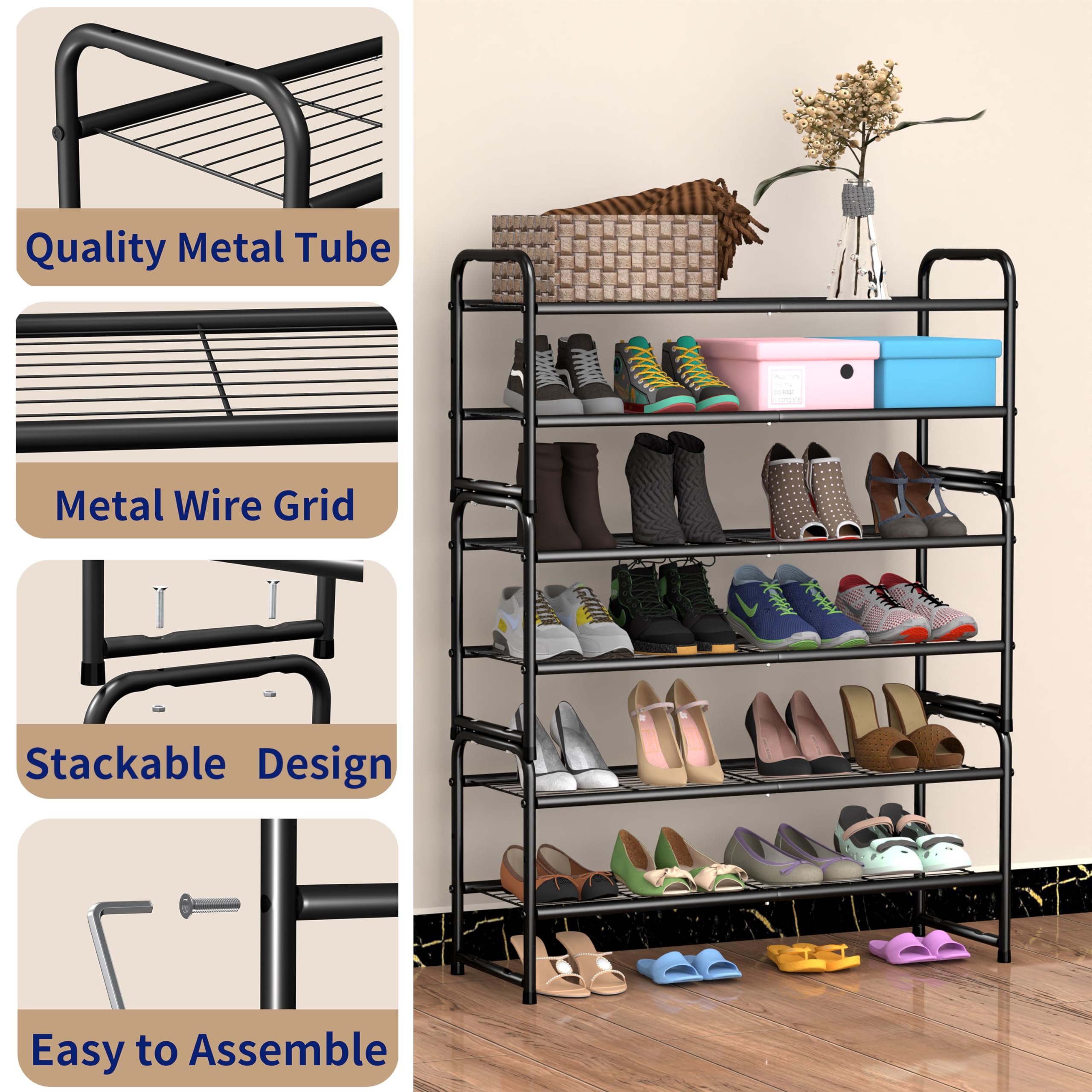 GEORIS 2 Tier Shoe Rack for Closet Stackable Shoe Storage Shelf, Long 32.5" Metal Shoe Organizer for Entryway, White