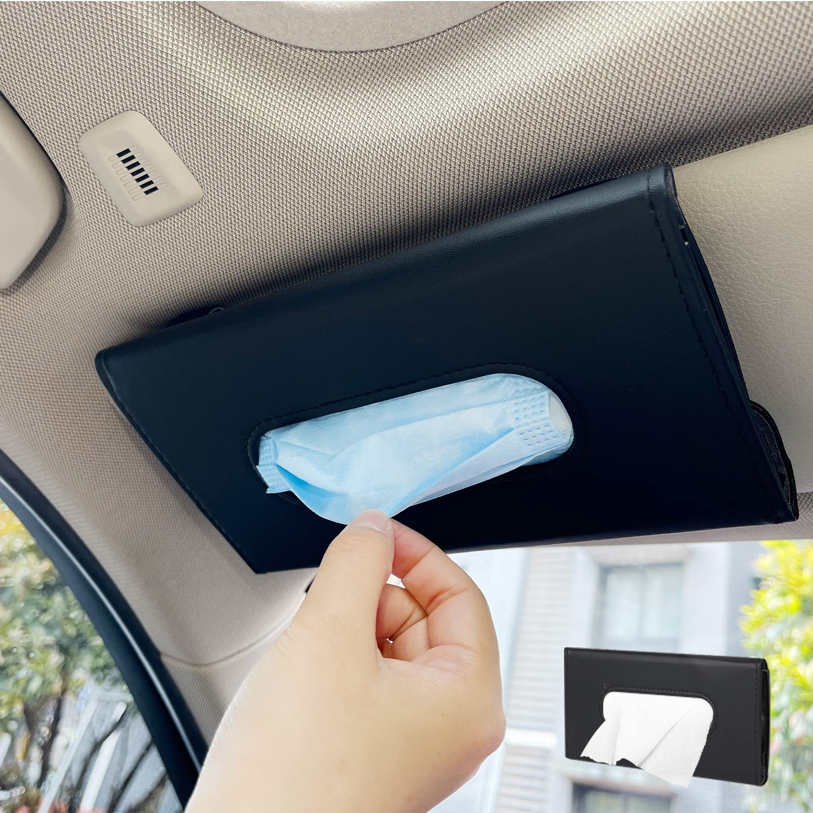 Grafken Car Tissue Holder, Mask Holder for Car, Visor Tissue Holder, Wipes Case for Car, PU Leather Backseat Tissue Case Holder for Vehicle (Black)