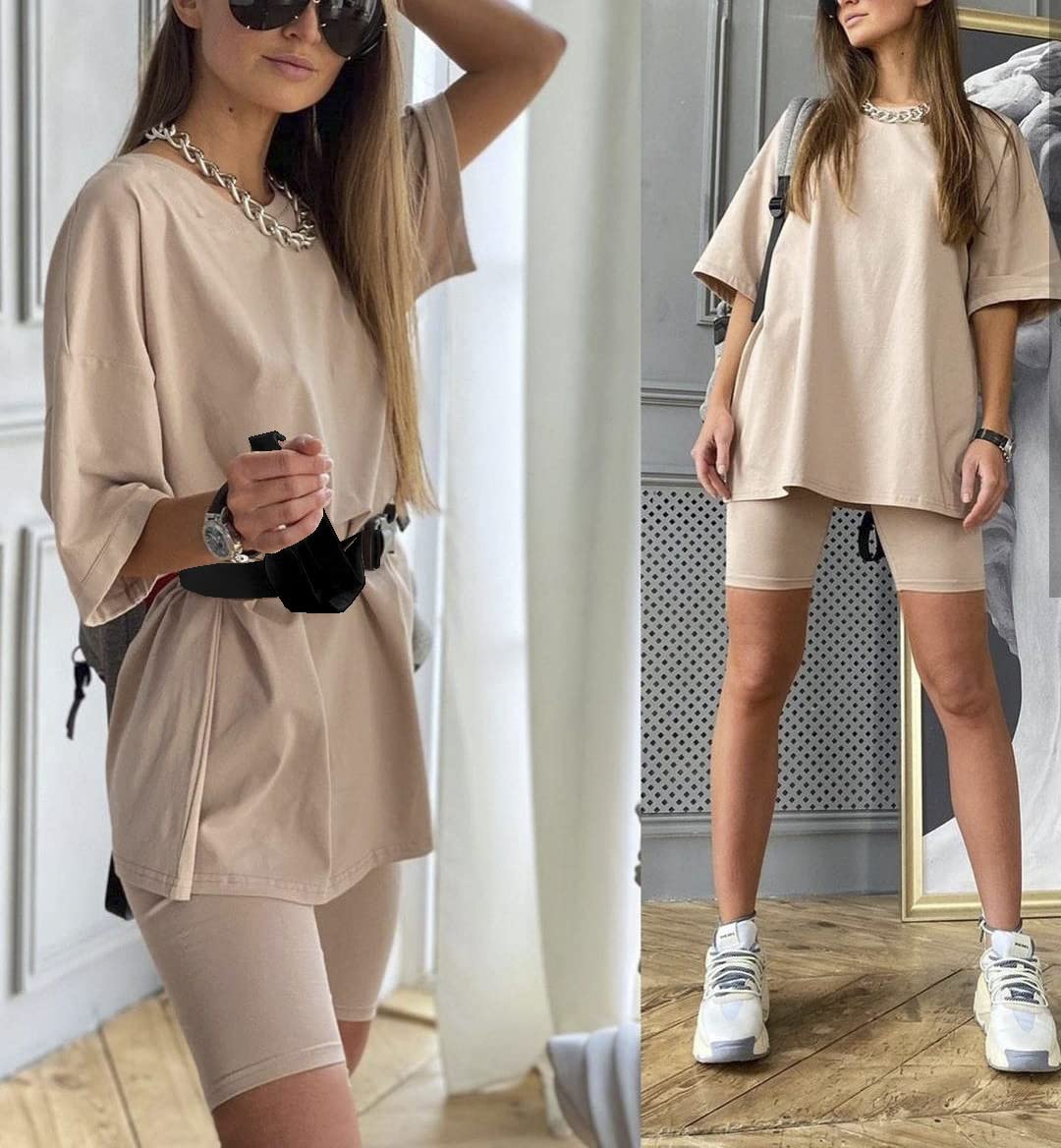 Glamaker Women 2 Piece Outfit sets Casual Oversized T-Shirt Tops Biker Shorts Workout Sport s Tracksuit Khaki Large