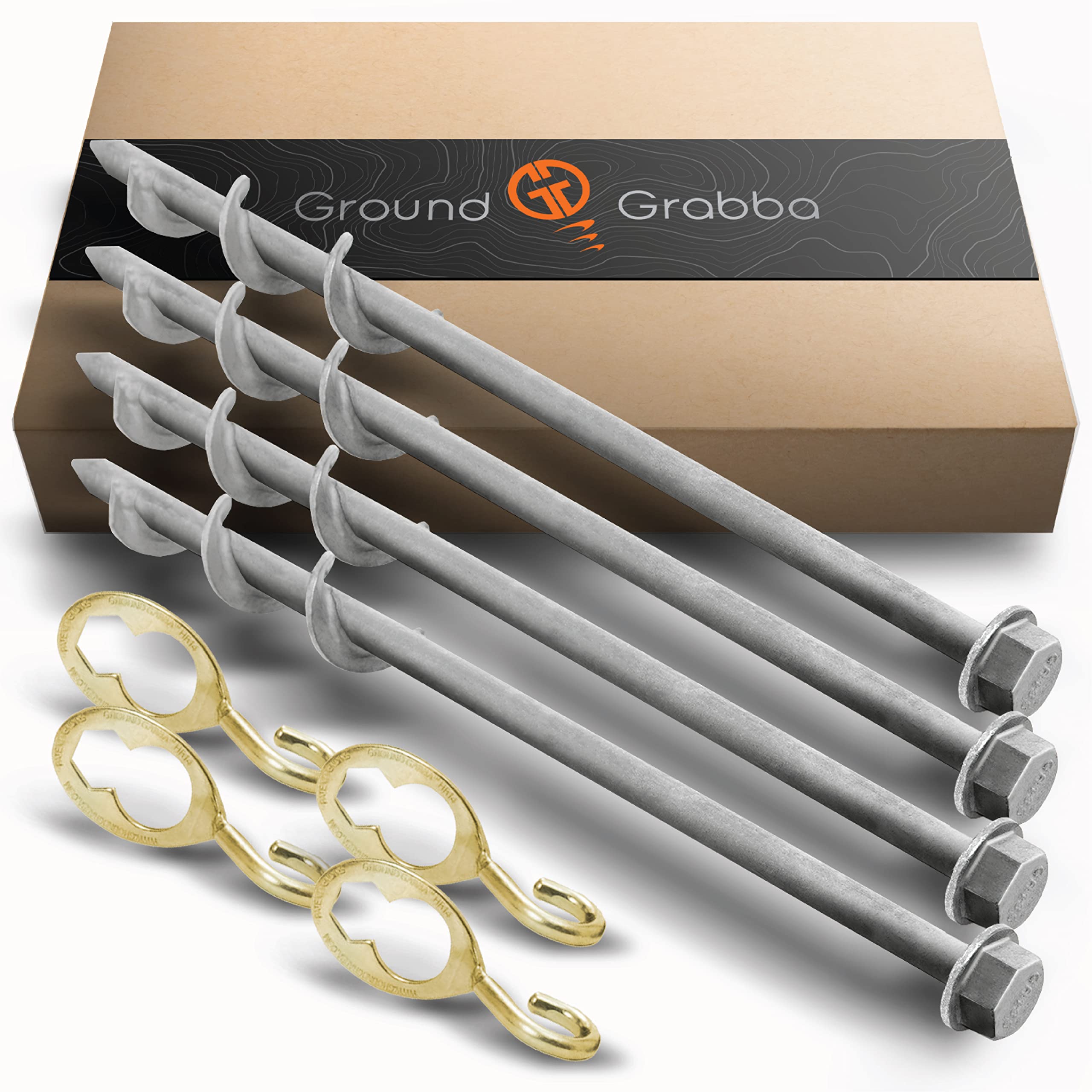 GROUNDGRABBA Screw in Tent Stake and Hexhooks for Normal to Hard Ground | Premium Drill Driven Ground Anchor Earth Screws | 4X GroundGrabba Pro Stakes and 4X GroundGrabba HexHook Pro