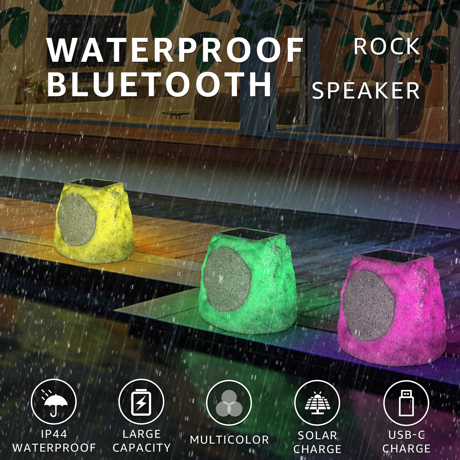 GGNOO Outdoor Speakers Bluetooth Waterproof IP44, Rock Speakers Solar Power and USB Rechargeable Outdoor Bluetooth,Twins Paring System,7 Colour Light Changeable Set for Deck Pool Yard Garden (2 Pack)