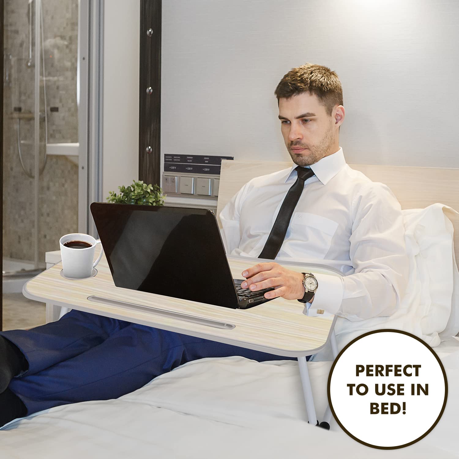 Folding Lap Desk for Bed and Sofa - Portable Wide Surface Bed Desk with Built-in Cup Holder and Tablet or Phone Slot for Working, Studying, Eating, and Watching Movies (Beige)
