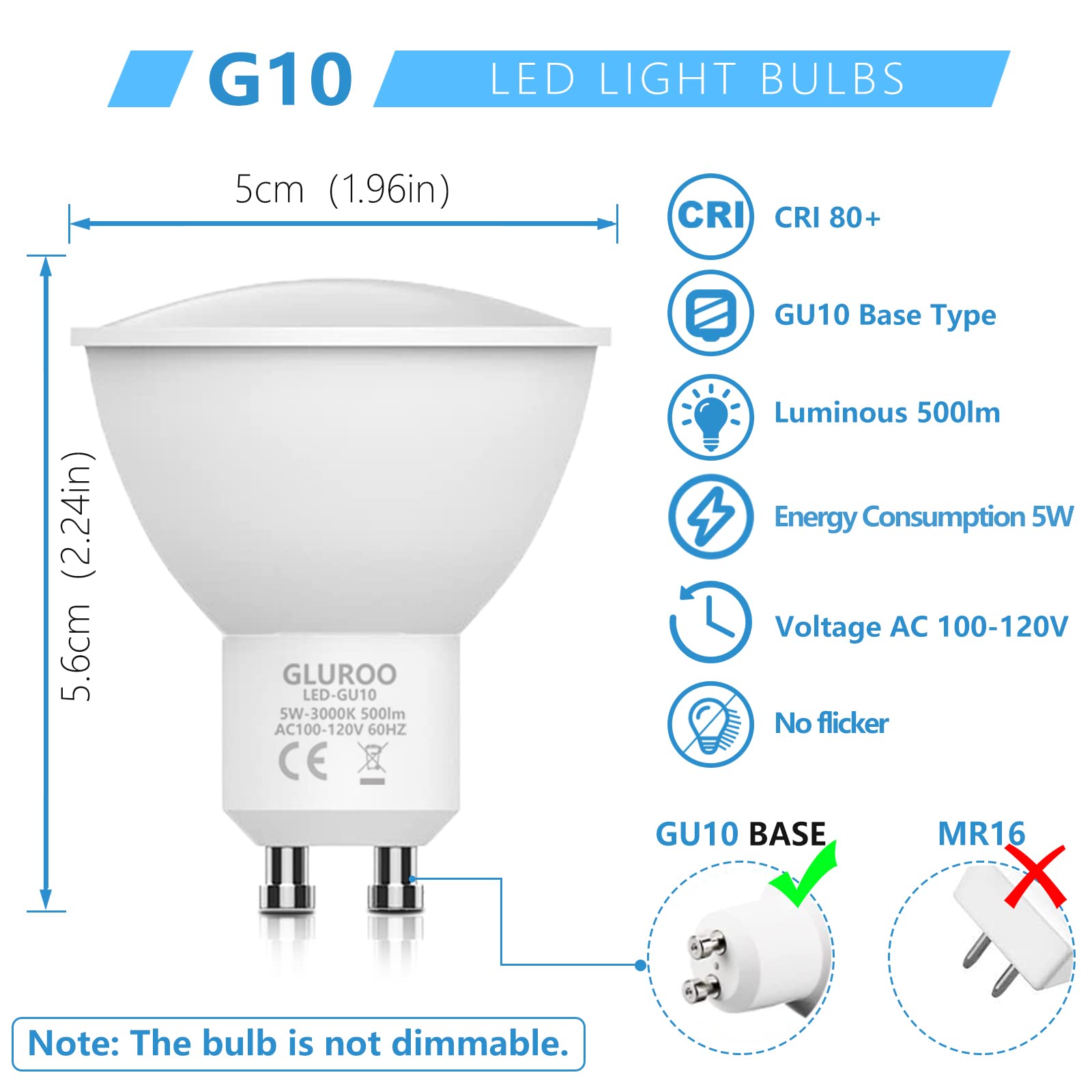 GU10 LED Bulb, GLUROO Light Bulbs, 5000K Daylight White, 500LM, 5W(50W Halogen Equivalent) LED Bulbs, 160° Beam Angle, Track Light Bulb Recessed Light Spotlight for Living Room, Kitchen, 6-Pack