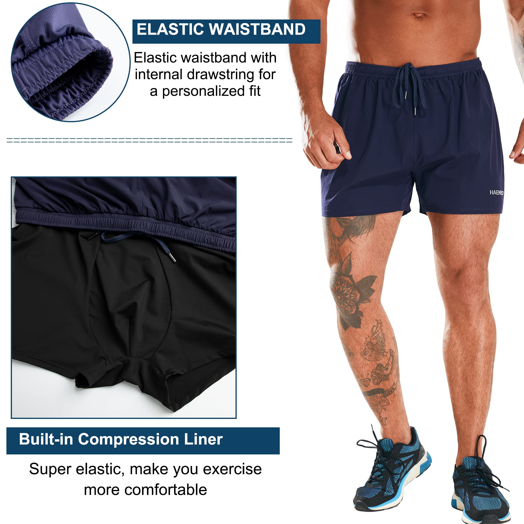 HAENPISY Mens Workout Shorts with Compression Liner Quick Dry Lightweight 2 in 1 Athletic Running Shorts Back Pocket(Small, Navy)