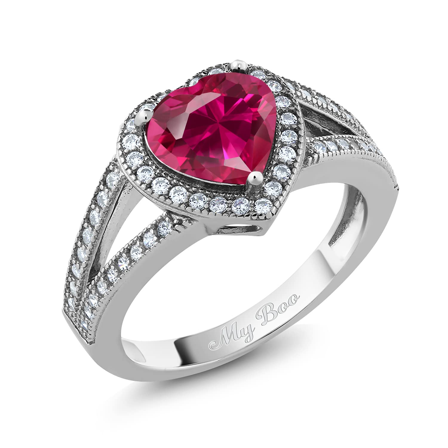 Gem Stone King 925 Sterling Silver Customized and Personalized 8MM Heart Shape Gemstone Birthstone and White Moissanite Name Engraved Ring For Women (Size 8)