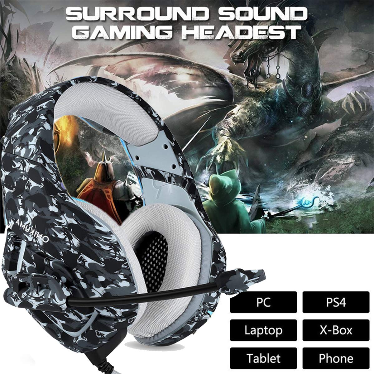 Gaming Headset PS4, Compatible for Xbox One, Nintendo Switch, K1 Stereo Noise Cancelling Over Ear Headphones with Microphone, Volume Control for PC, Phone (Universal Gaming Headset, Camouflage Blue)