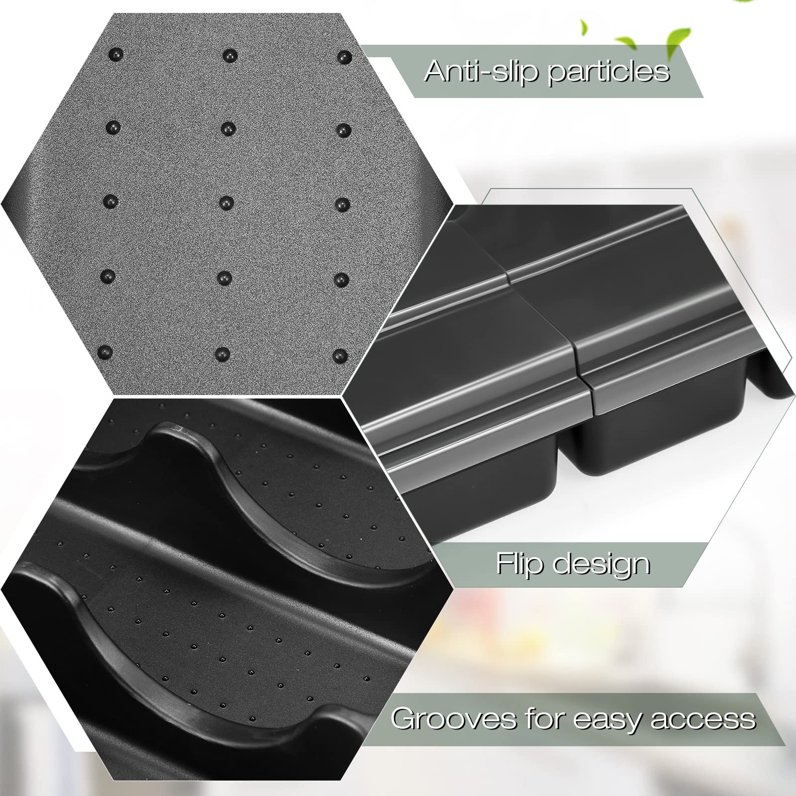 Geetery 2 Pcs Large Silverware Organizer with Lid, 5 Compartments Utensil Holder for Countertop Drawer Plastic Anti Slip Cutlery Tray Flip Cover Silverware Tray with Lid Flatware Organizers, Black