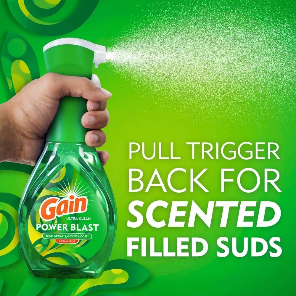Gain Powerblast Dish Spray, Dish Soap, Original Scent Bundle, 1 Spray (16oz) + 3 Refills (16oz each)