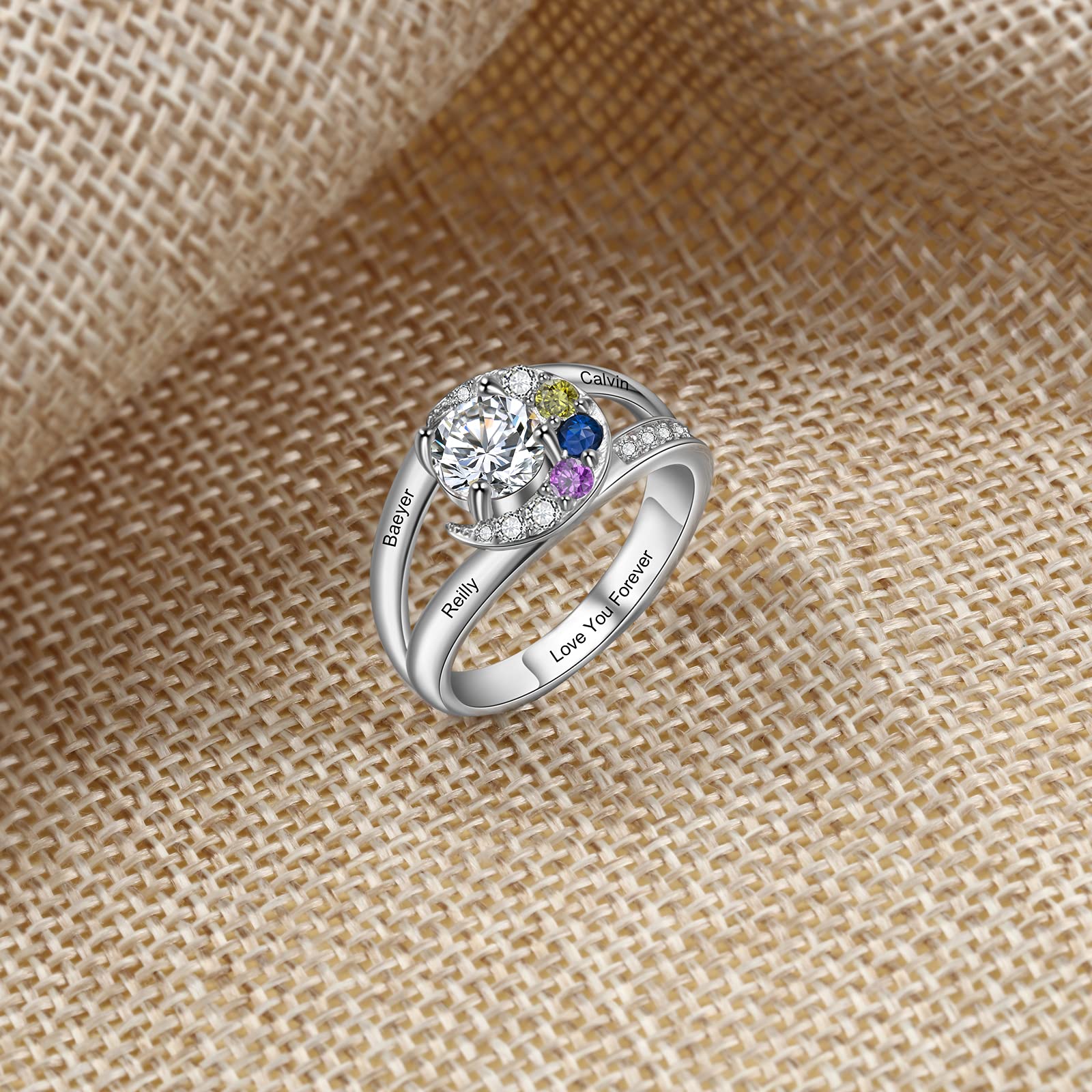 Gemsbe Custom Moon Statement Grandma Ring Personalized Promise Rings for Her Engraved Names Anniversary Ring for Women (3 stones)