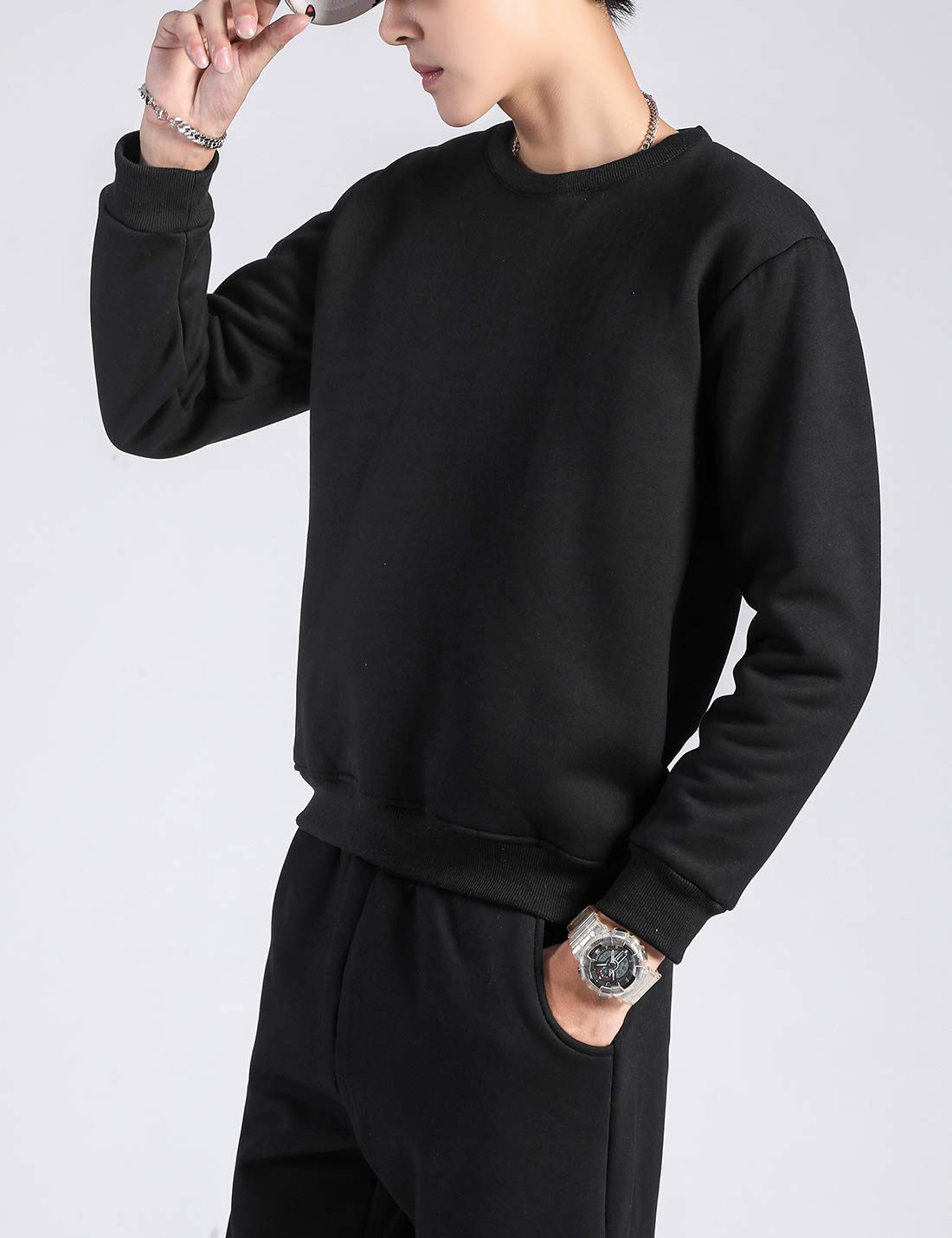 Gihuo Men's Crewneck Sweatshirt Winter Warm Sherpa Lined Pullover Fleece Top Heavyweight Loungewear Sweatshirt (Black, Large)