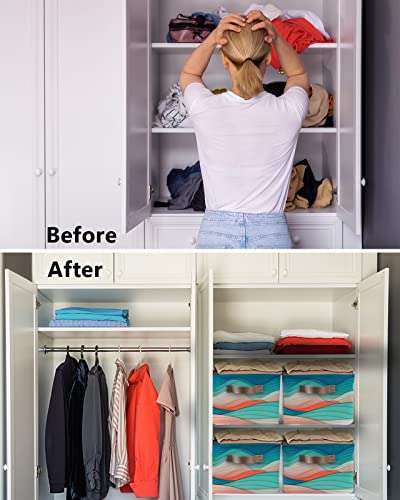 Geometric Mountain Range Storage Baskets for Organizing, Orange Teal Ombre Line Abstract Art Fabric Storage Bins for Shelf, Collapsible Cube Bin with Handles for Closet(15''x11''x9.5'')