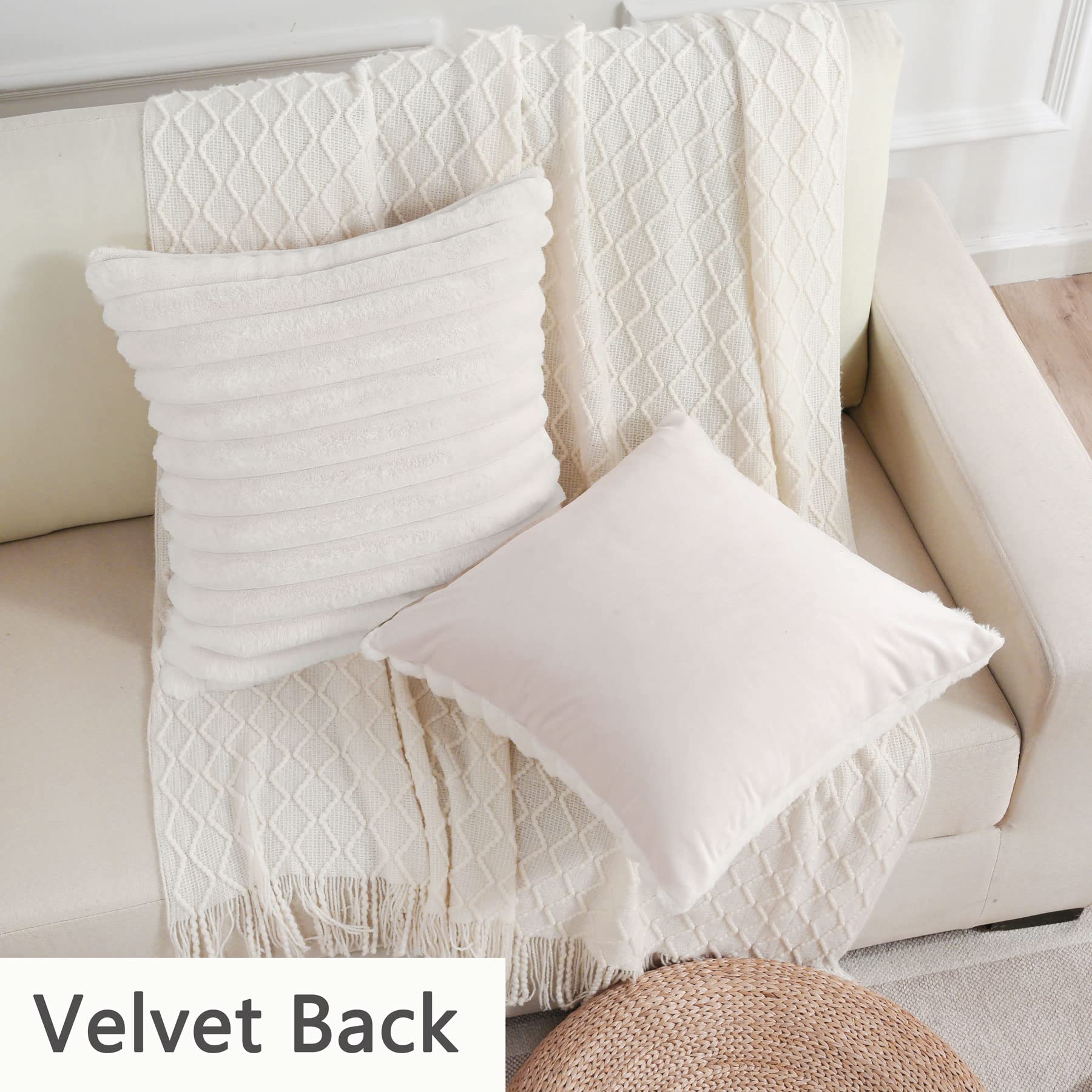 FUTEI Cream White Striped Decorative Throw Pillow Covers 18x18 Inch Set of 2,Square Spring Decorations Couch Pillow Case,Soft Cozy Faux Rabbit Fur & Velvet Back,Modern Home Decor for Bed