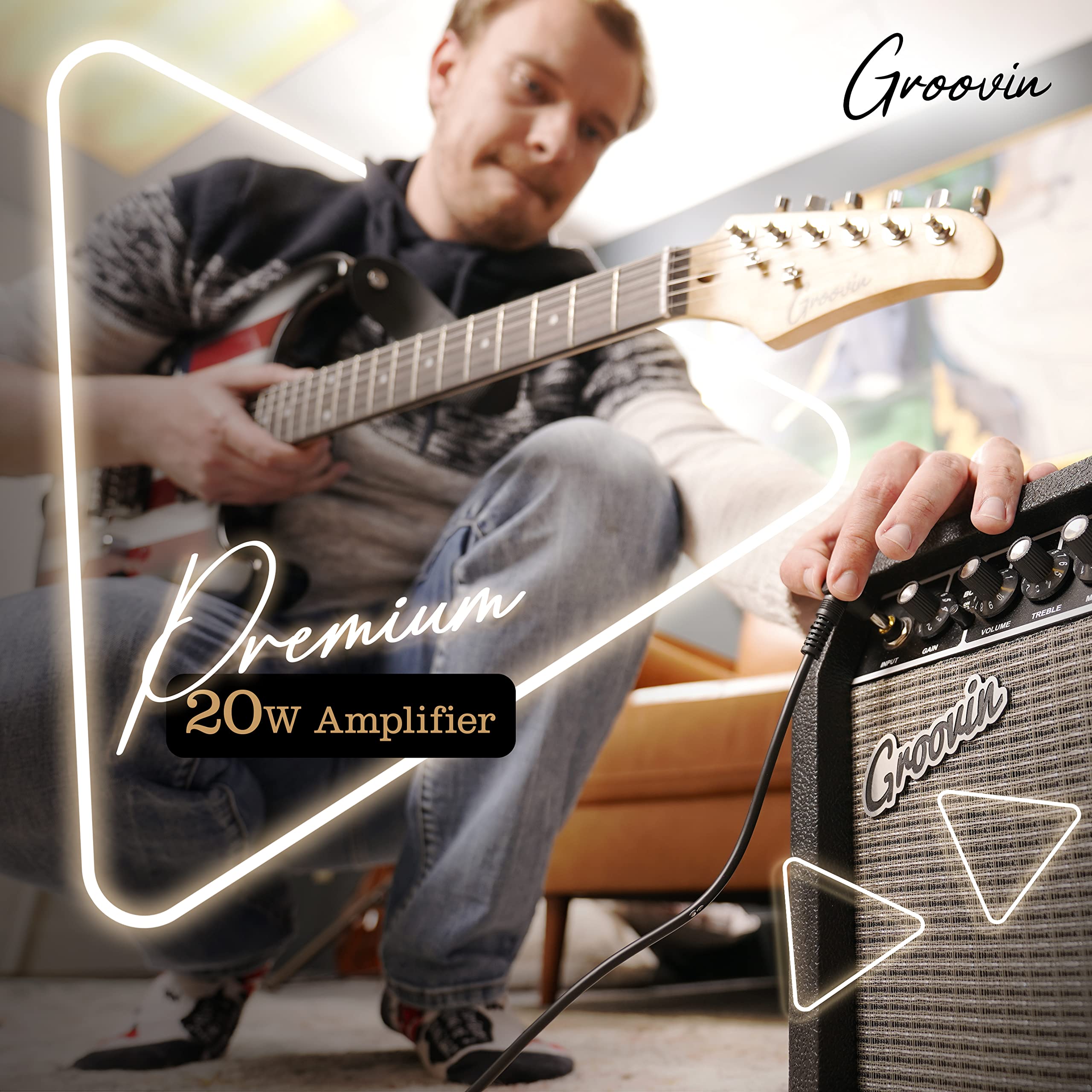 GROOVIN 39” Electric Guitar Beginner Kit with 20W Eletric Guitar Amplifier, For Kids & Adults, Shoulder Strap, 6 Strings, 1 Guitar Pick, Waterproof Oxford Material Bag, Guitar Stand, American Style