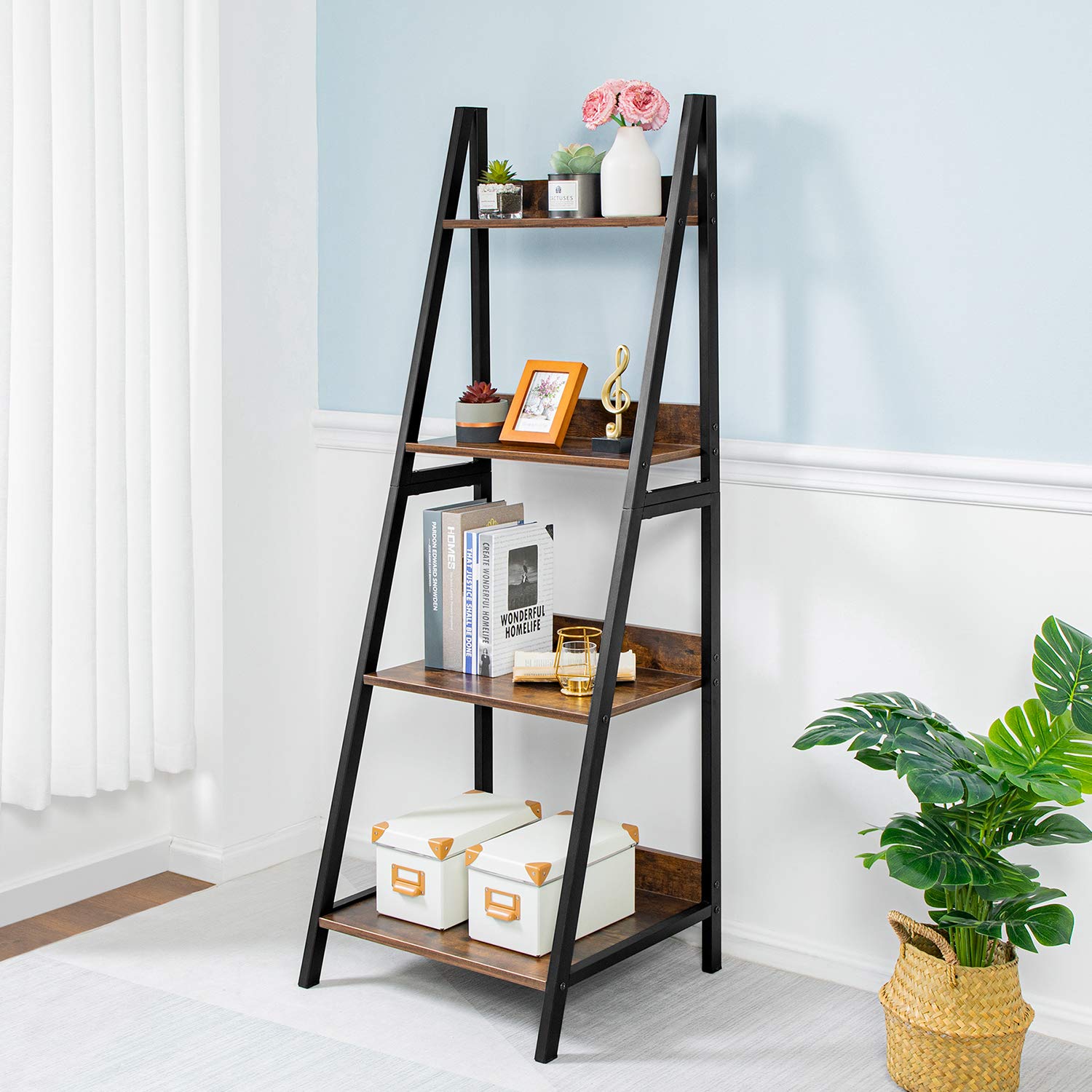 GreenForest Ladder Shelf 4 Tier Bookshelf Industrial Bookcase Storage Rack Shelves for Living Room, Home Office, Brown