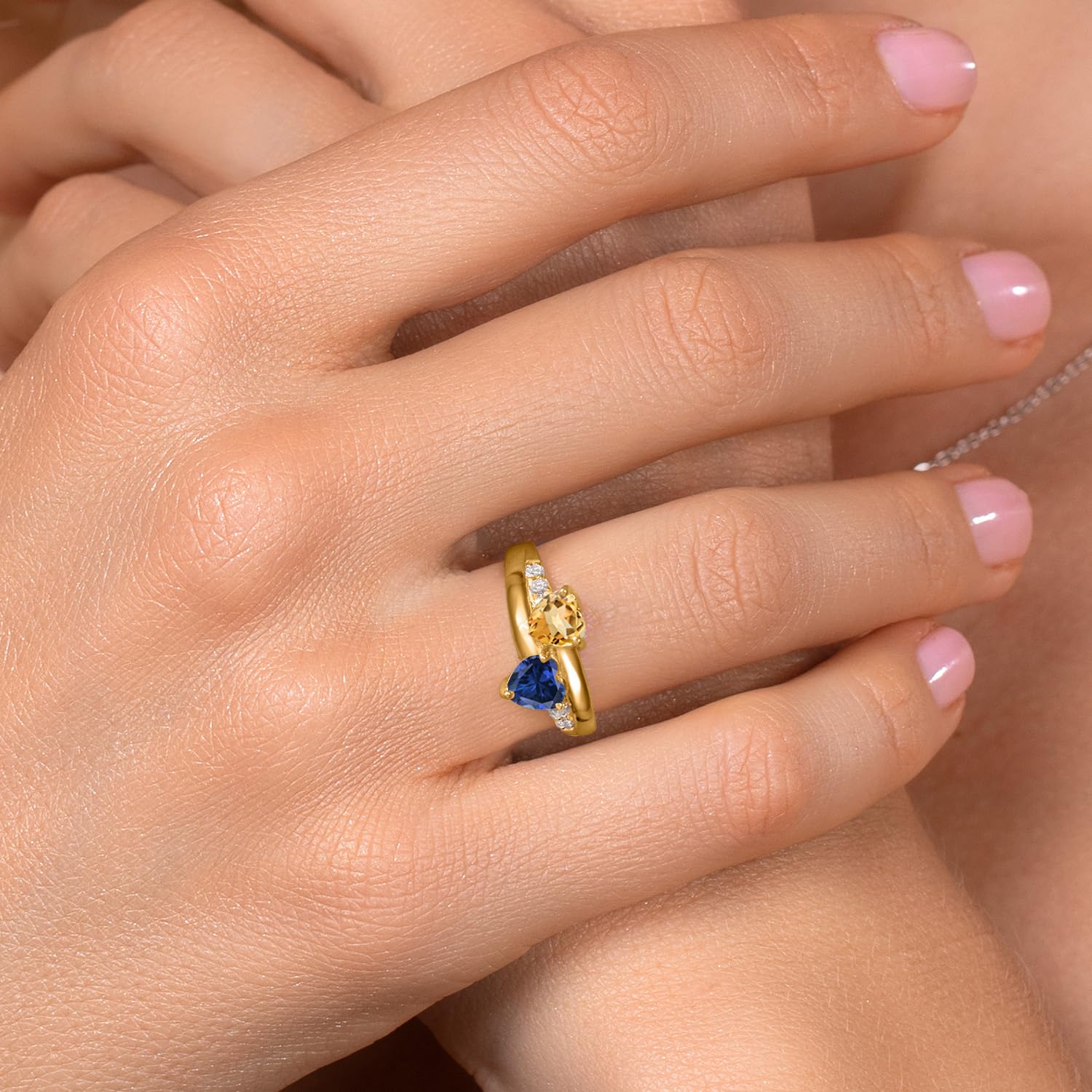 Gem Stone King 18K Yellow Gold Plated Silver Customized and Personalized 2-Stone Heart Shape Gemstone Birthstone with Custom Lazer Engraving and Lab Grown Diamond Ring For Women (Size 8)