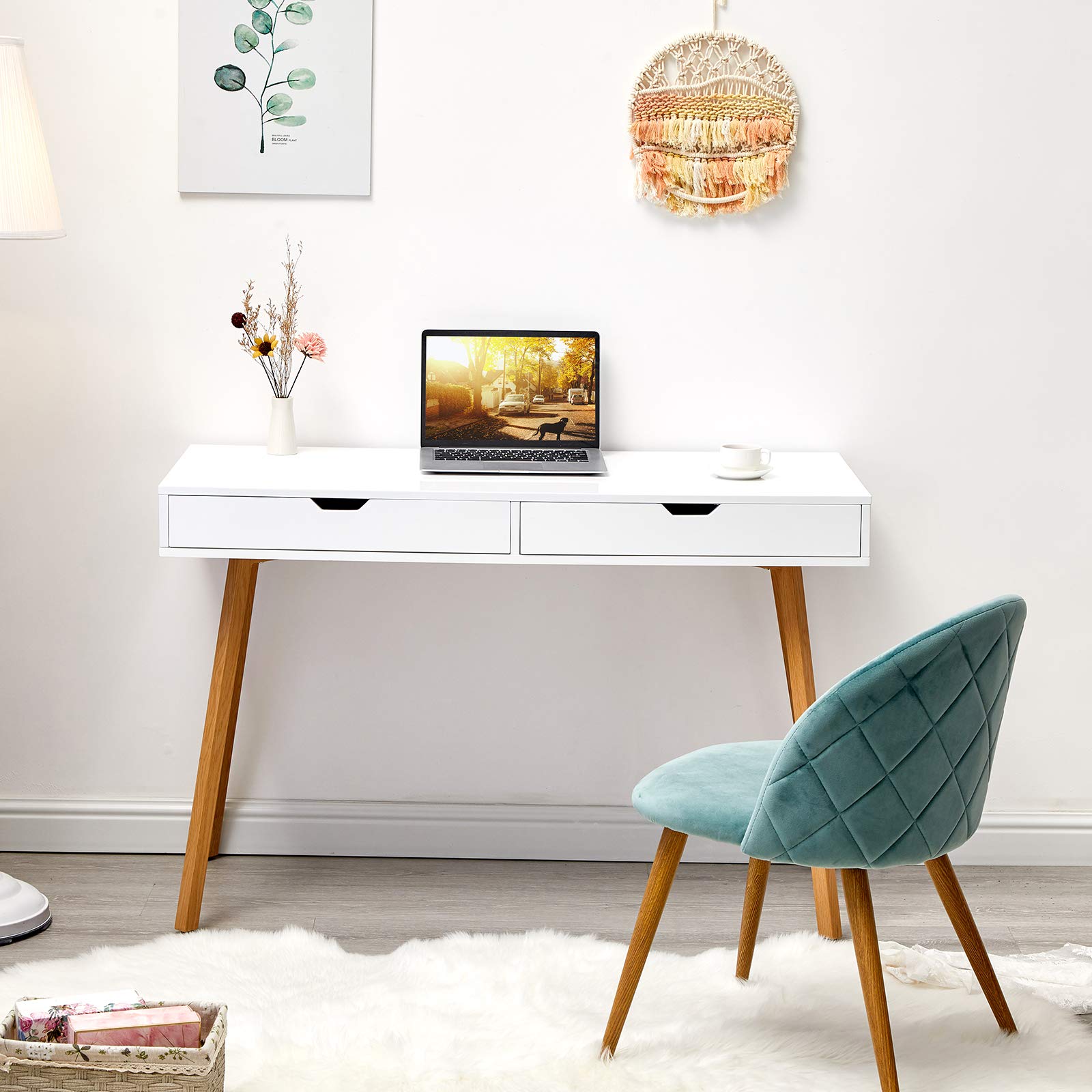 GreenForest Vanity Desk 39 inch Computer Writing Desk with Glossy White Tabletop and 2 Drawers Modern Bedroom Makeup Table Home Office Desk