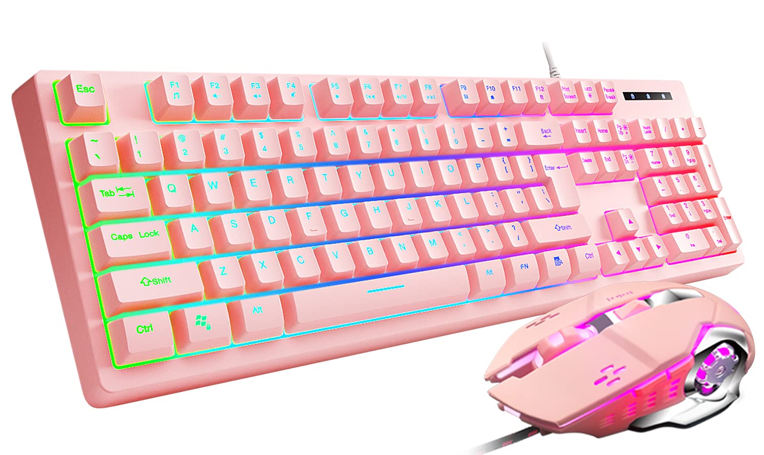 Gaming Keyboard and Mouse Combo Pink, Loreran Gaming Keyboard LED Colorful Lights Backlit Wired Pink Keyboard kawaii and cute keyboard Adjustable Light up Keyboards for Mac/PC/Laptop/Win7/Win8/Win10