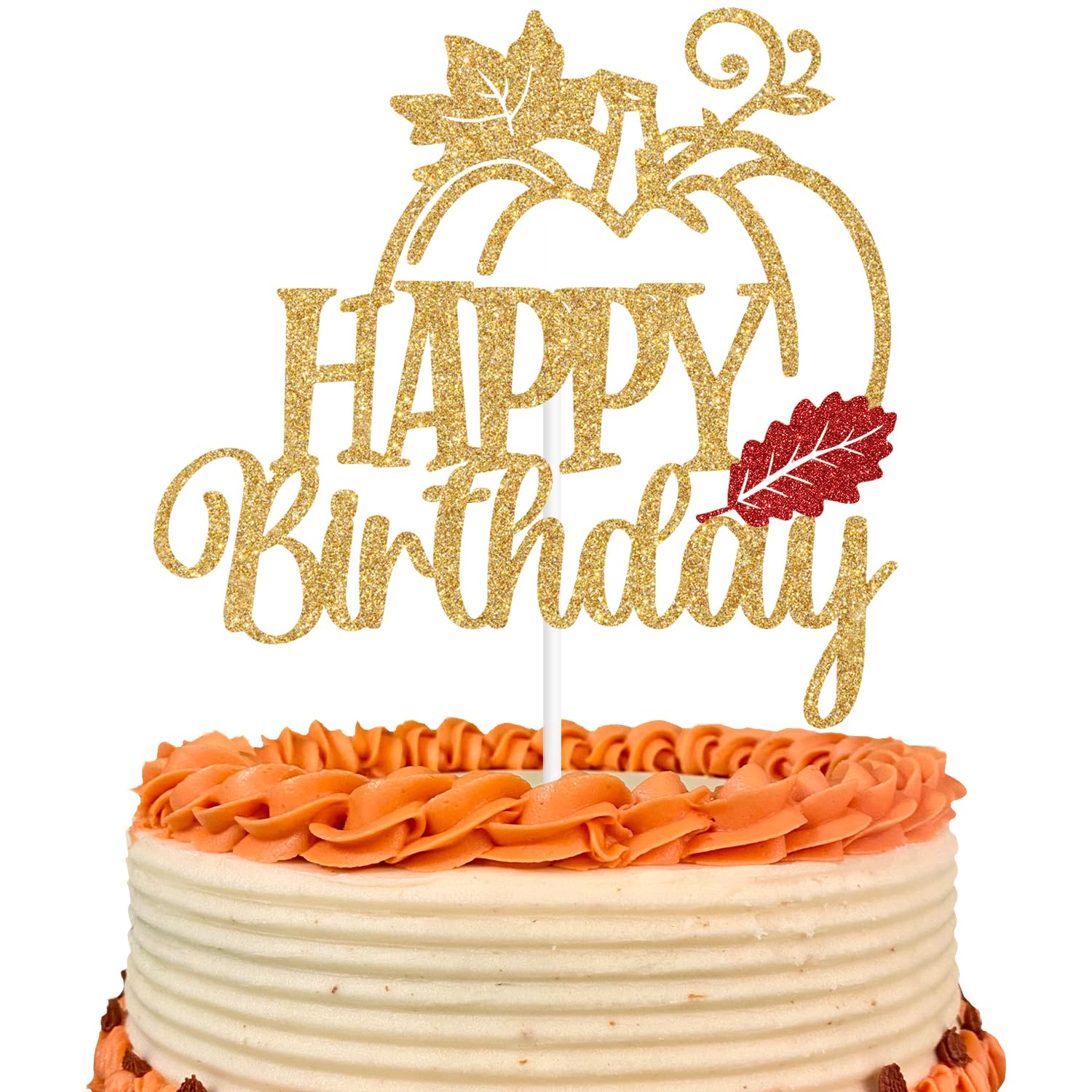 Gold Glitter Pumpkin Happy Birthday Cake Topper, Pumpkin Themed Birthday Party Decorations, Autumn Fall Maple Leaves Birthday Party Decorations Supplies