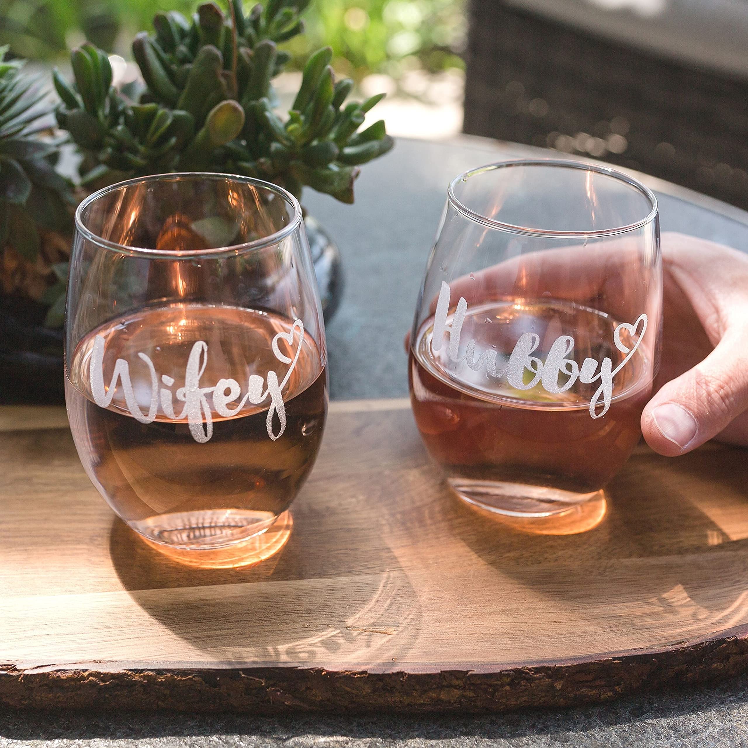 Hubby and Wifey Wine Glasses - Mr and Mrs Wedding Gifts - Engagement Anniversary Gift Couple 20oz