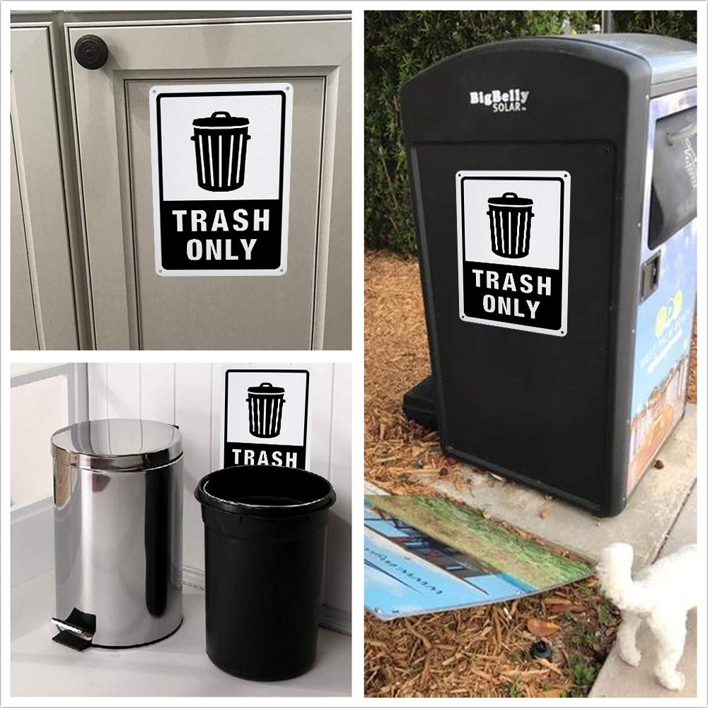 GLOBLELAND 2 Pack Trash Only Sign, 10x7 inches 40 Mil Aluminum Trash Signs Decorative for Indoor or Outdoor, UV Protected Reflective and Waterproof, Black