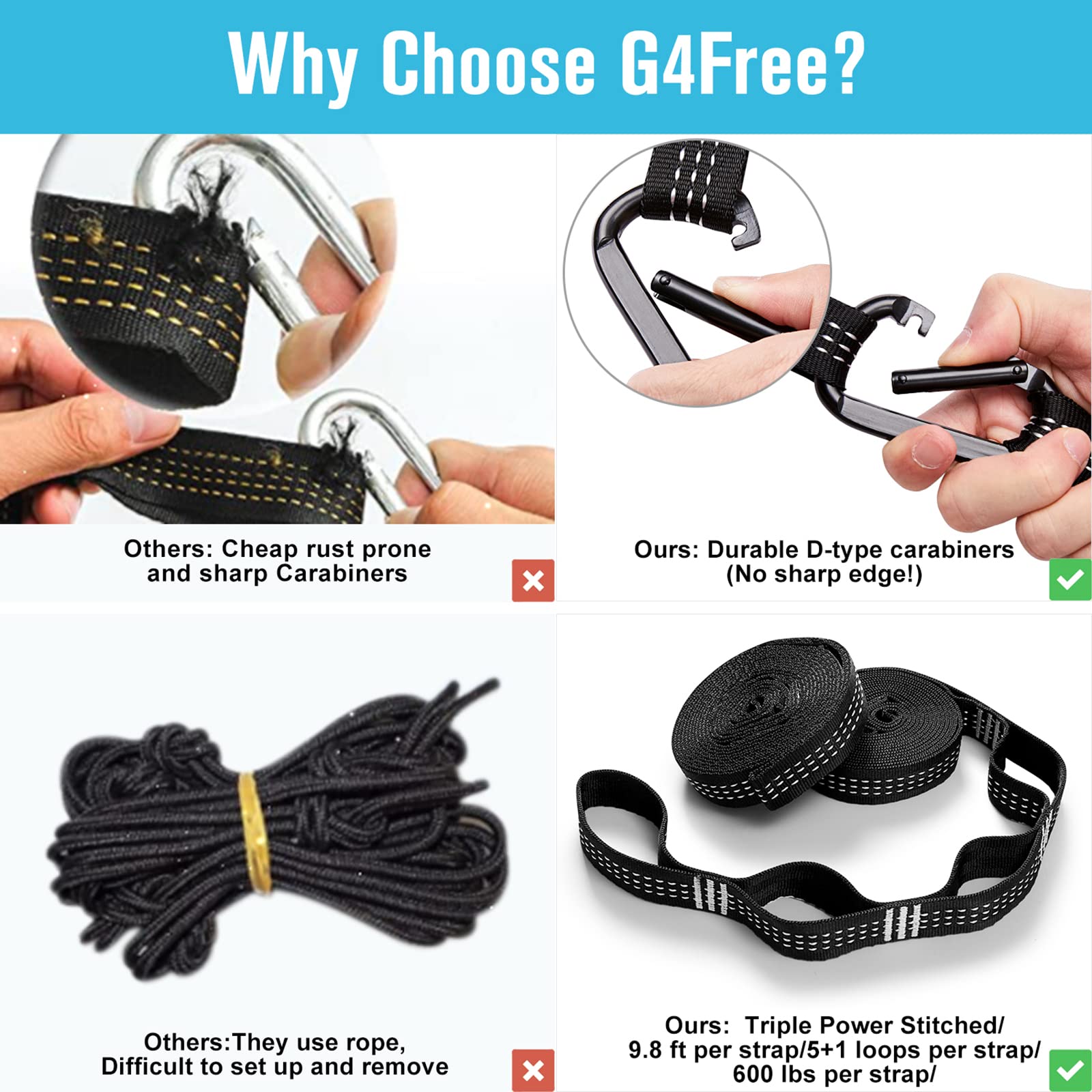 G4Free Large Camping Hammock 2 Person with Tree Straps Portable Parachute Hammock for Backpacking, Travel, Beach, Camping, Hiking, Backyard