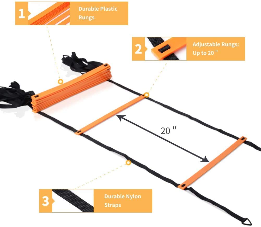 GHB Agility Ladder Speed Training Ladder 20 Feet 12 Rung Exercise Ladder, 10 Disc Cones,Resistance Parachute,Football Training Equipment Set