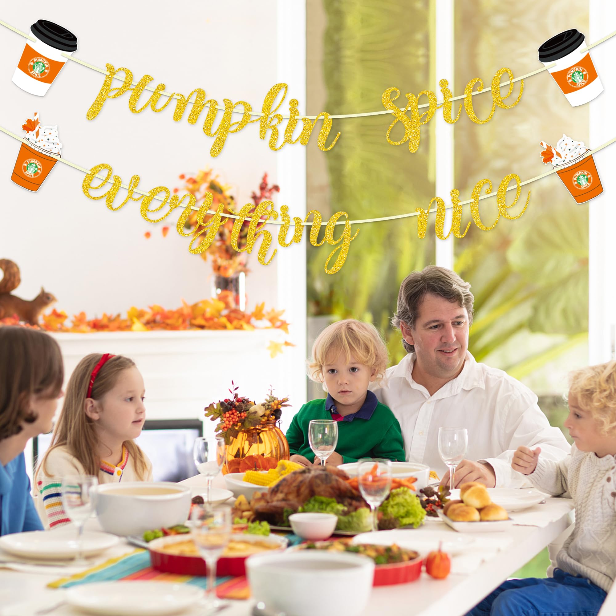 Gold Glitter Pumpkin Spice Everything Nice Banner - NO DIY - Fall Thanksgiving Party Decorations, Fall Decorations for Home Mantle Fireplace Wall, Farmhouse Fall Banner with Cups, Fall Harvest Banner