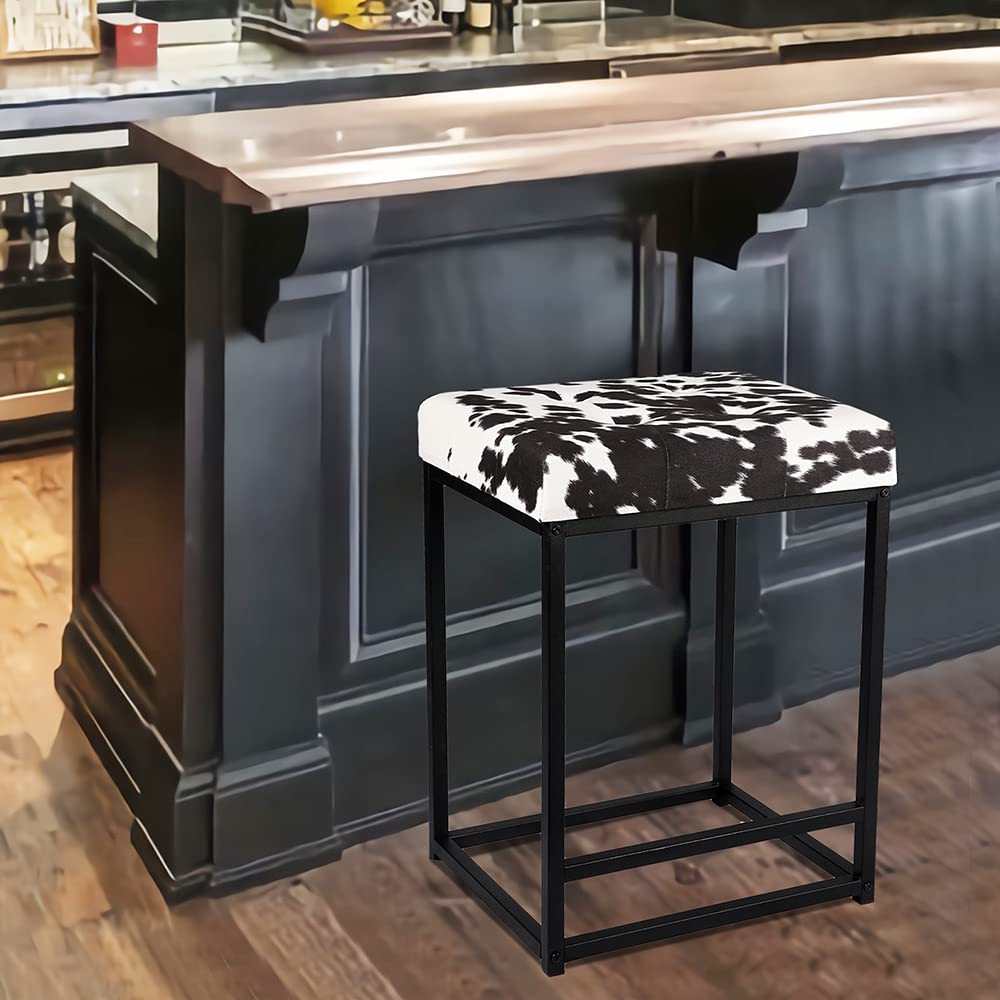 GIA 24-Inch Counter Height Square Backless Metal Stool with Holstein Cow Print Upholstery, Black, Qty of 2