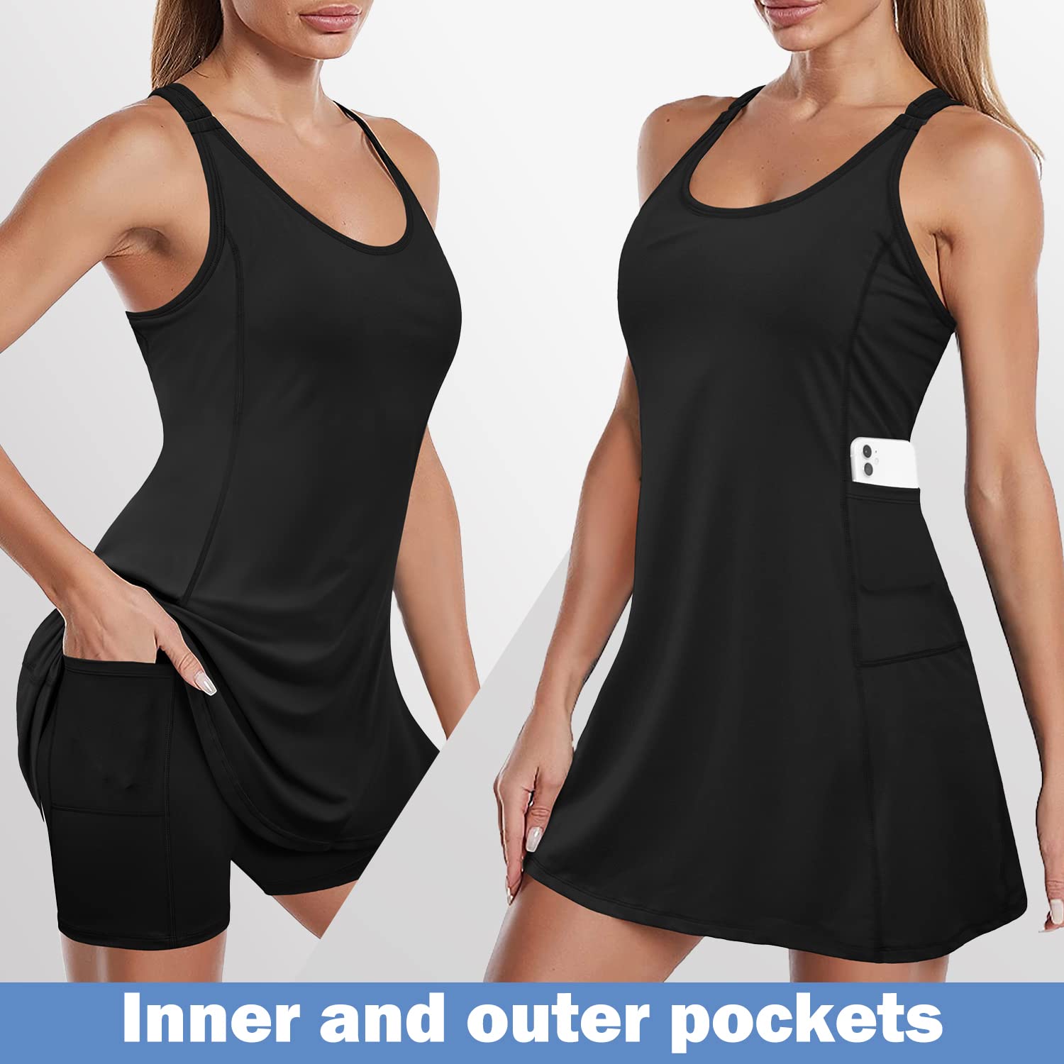 GORSOIZY Womens Exercise Workout Dress with Built-in Shorts Sleeveless Athletic Dresses for Golf Black Tennis Outfits XL