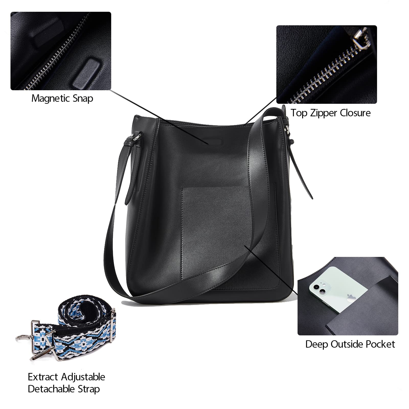 Hakkensuru Crossbody Bags for Women Designer Shoulder Bags Genuine Leather Handbag Satchel Purses with Adjustable Detachable Strap
