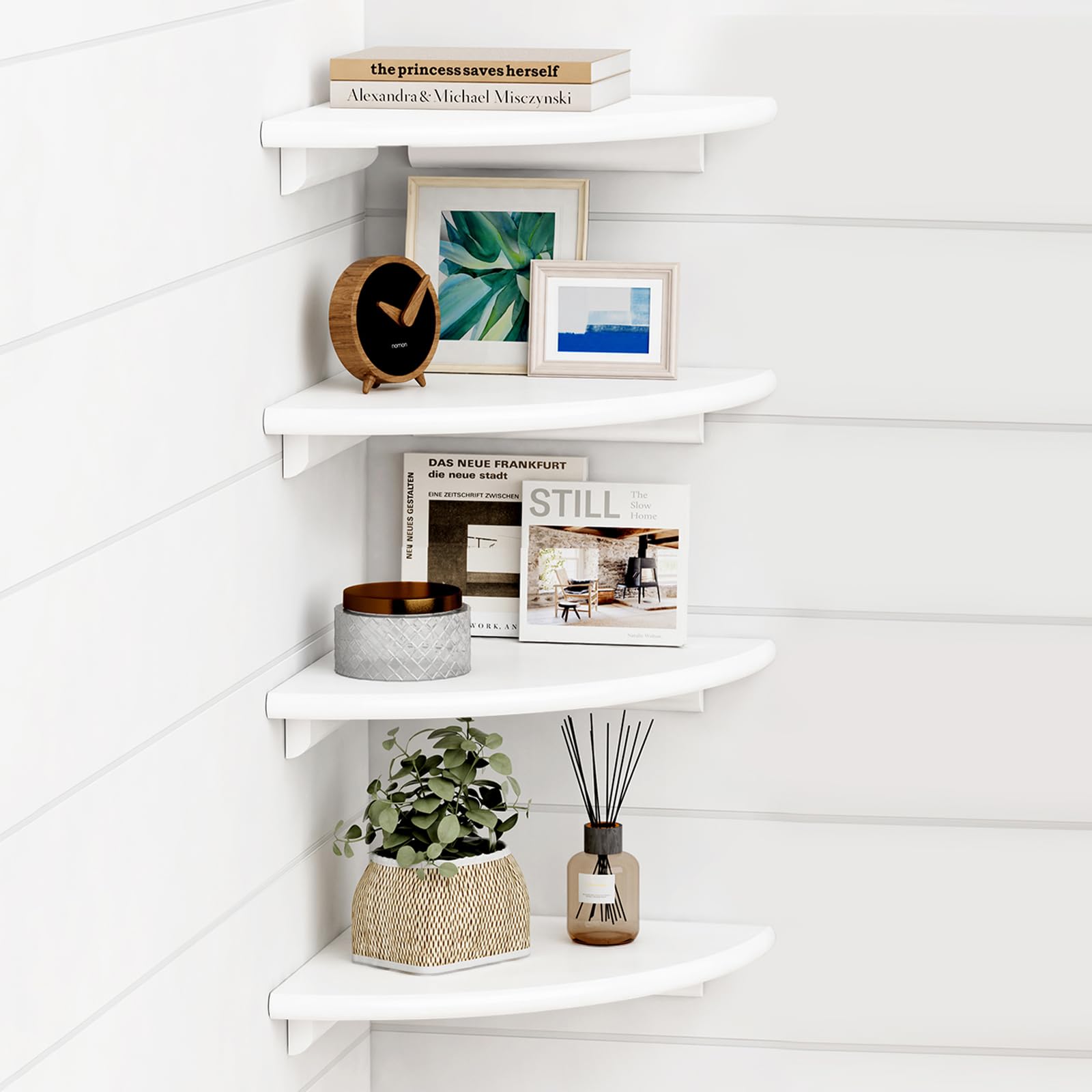 Forbena White Corner Floating Shelves for Wall Set of 4, Rounded Corner Shelves Wall Mounted for Kids Bedroom Books, Cute Wood Hanging Corner Shelf for Bathroom Decor, Living Room, Small Spaces