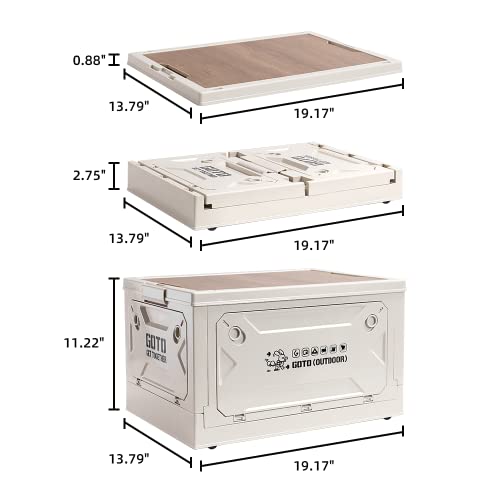 GOTO 50L Folding Storage Box with Wooden Lid, Stackable Foldable Storage Bin with Wooden Cover, Side Opening Folding Storage Containers for Camping, Car Trunk, Home Sorting (Army Green)