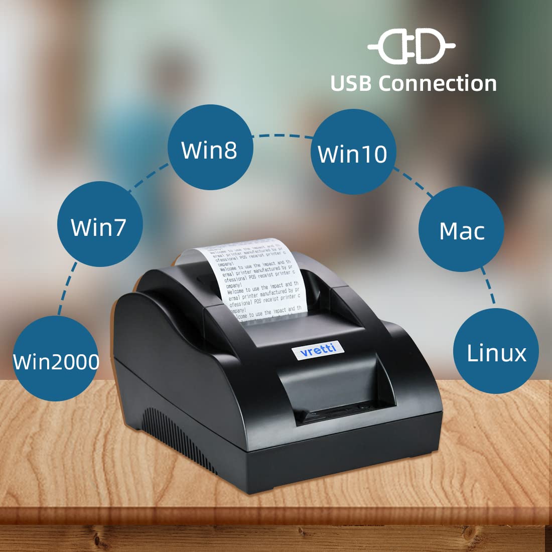 vretti Thermal Receipt Printer, 58mm Small USB Thermal Printer with High-Speed Printing Support to ESC/POS/Window and Mac System, Portable Restaurant Kitchen Printer for Cash Register