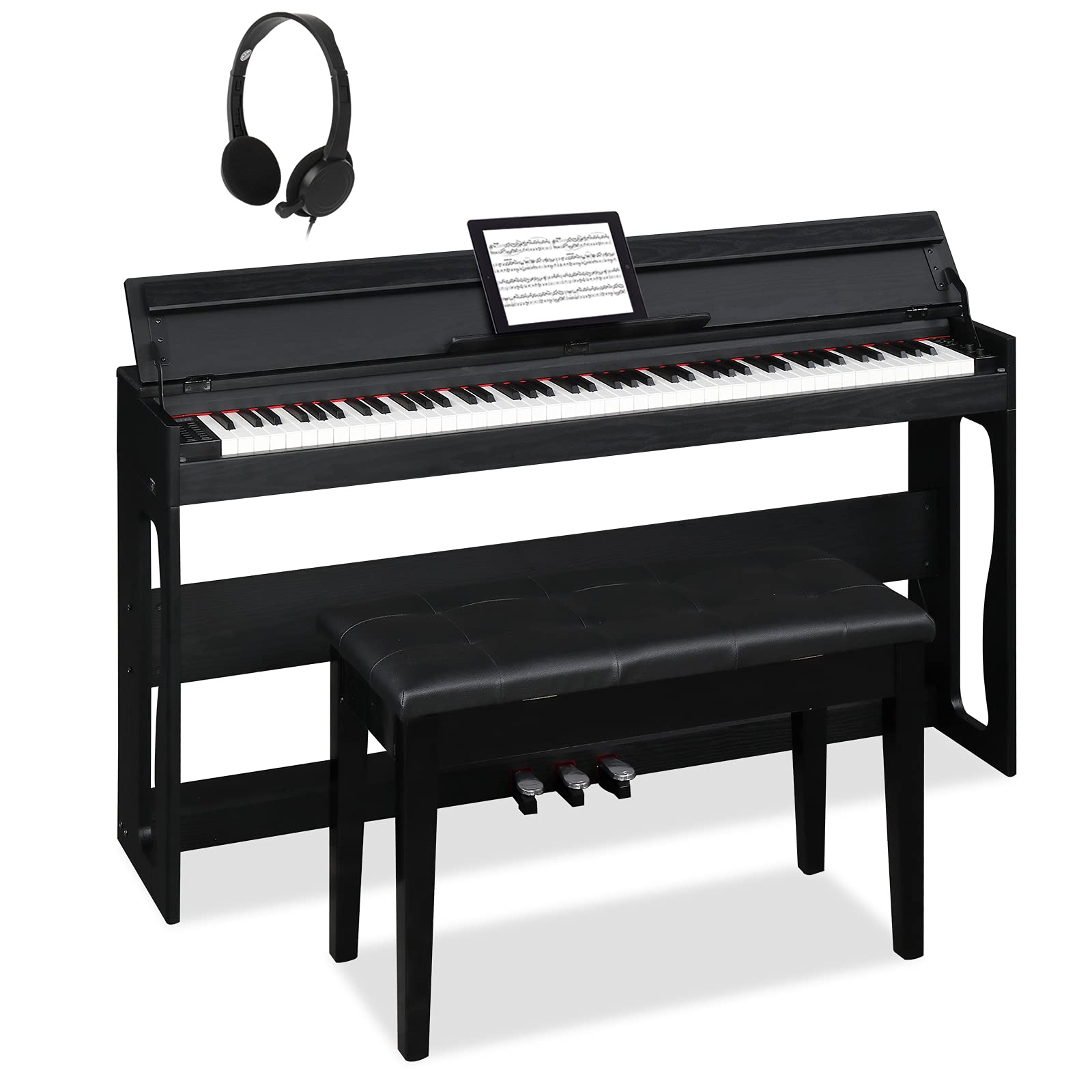 GLARRY 88 Key Home Digital Piano Set for Beginners, Electric Piano Keyboards MP3/USB/MIDI/Bluetooth Function w/Piano Bench, Music Stand, Headphone, Metal Pedals, Instruction (Black)