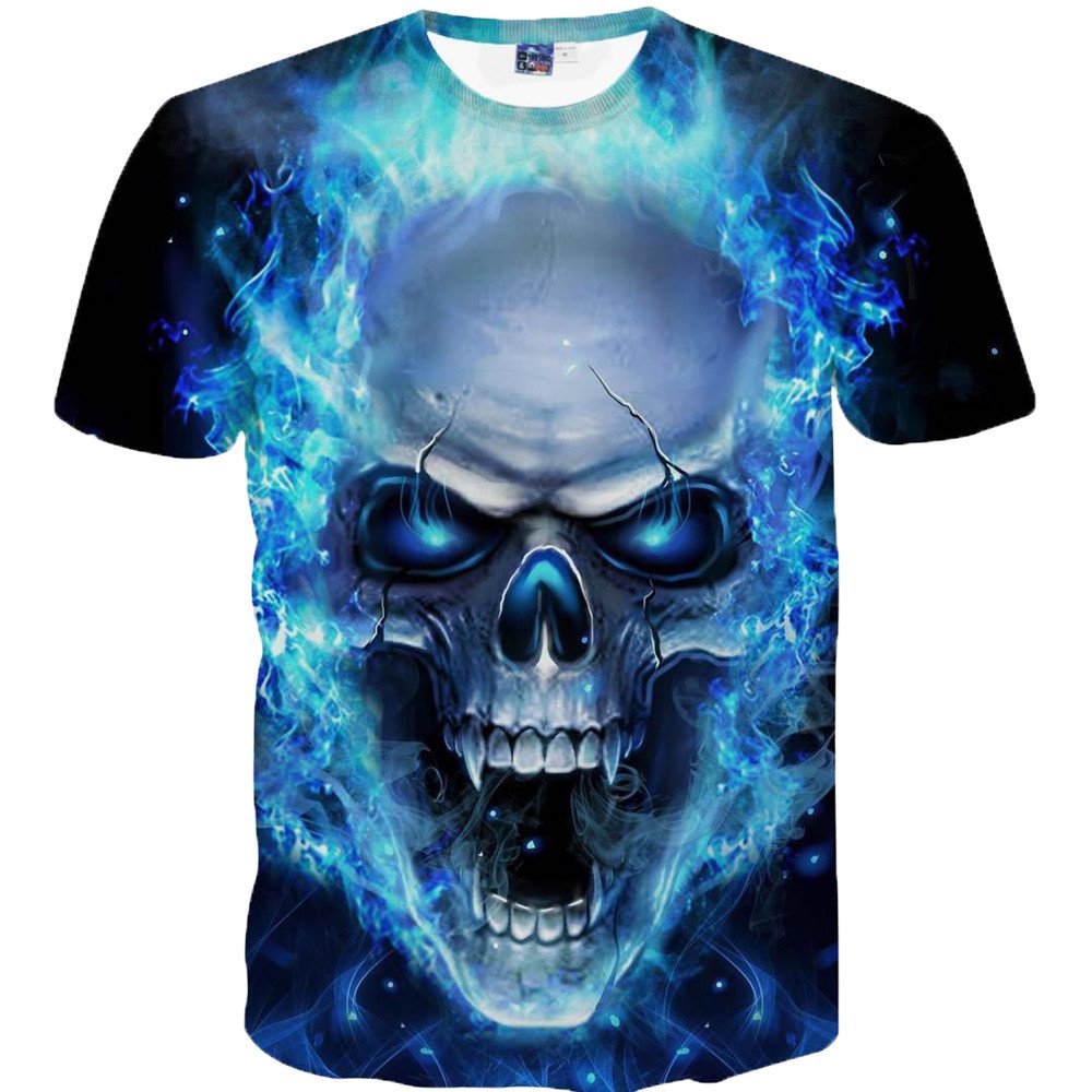GDJGTA Shirt for Men Plus Size Creative 3D Skull Digital Print Tee Round Neck T-Shirt Top Short Sleeve Blouse Tops Blue S-5XL