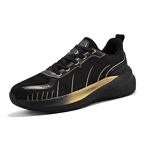GSLMOLN Running Shoes for Women Non Slip Sneakers Comfortable Walking Shoes Lightweight Breathable Gym Workout Athletic Fashion Casual Black-Gold Size 7