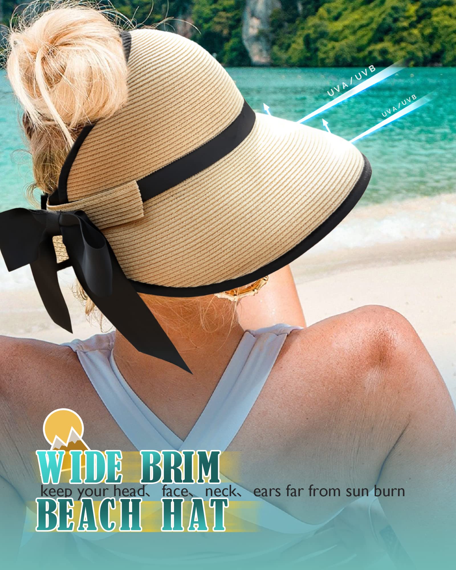 FURTALK Beach Hats for Women Foldable Packable Wide Brim Sun Visor Hat with Ponytail Hole UPF50+ Cap for Travel Khaki