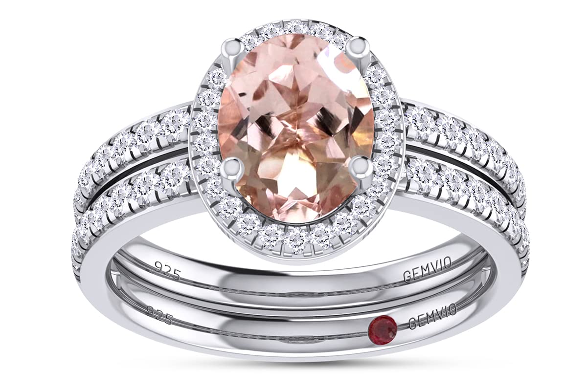 GEMVIO Collection 8X6MM Oval Cut Natural Morganite Gemstone & Natural Diamond Halo Bridal Set Engagement Ring In 14K White Gold Over Sterling Silver Anniversary Wedding Ring (1.40 Cttw)-7