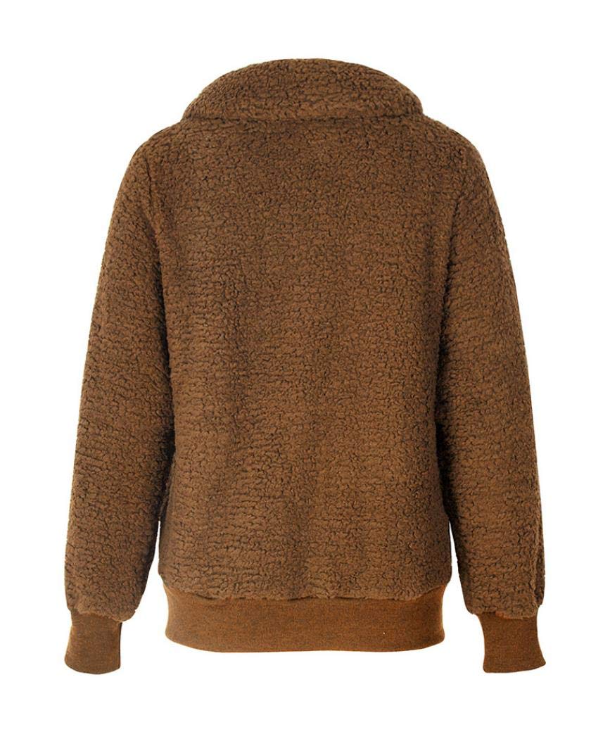 Gets Women's Winter Oblique Lapel Sweatshirt Faux Shearling Shaggy Warm Pullover Zipped Up with Pockets Outerwear (Khaki,M)
