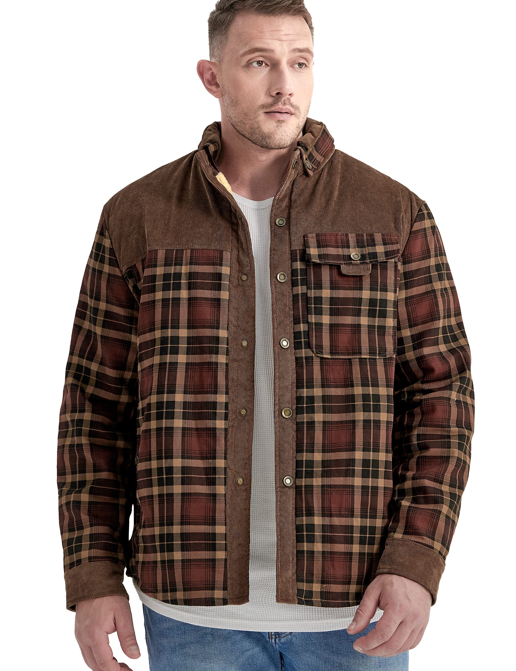 Flygo Men's Outdoor Casual Vintage Buck Fleece Sherpa Lined Flannel Camp Plaid Shirt Jacket(Coffee-M)