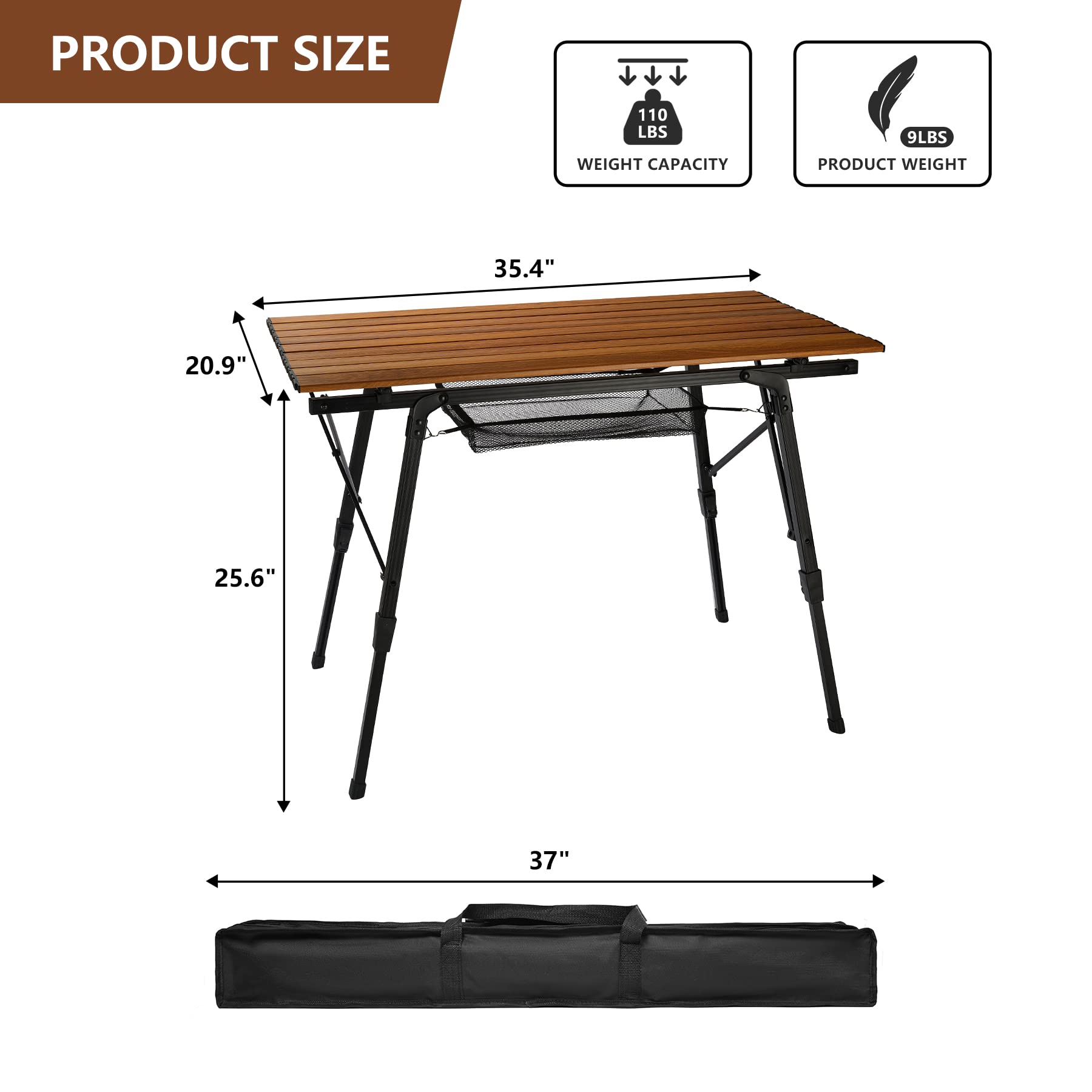 GARDIMAX Outdoor Camping Table Folding Picnic Table with Roll Up Table Top and Adjustable Aluminum Legs, Brown