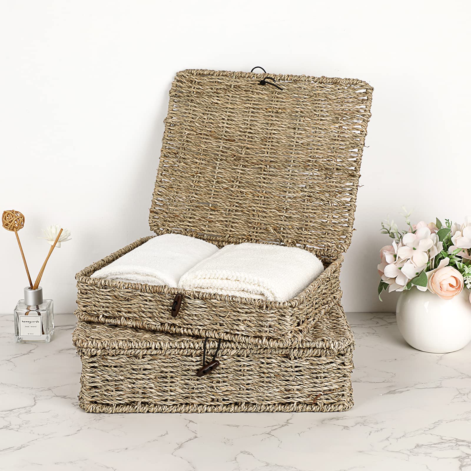 Hipiwe Set of 2 Flat Wicker Baskets Bins with Lid Handwoven Seagrass Storage Baskets Box Multipurpose Shelf Basket Bin Home Organizer Basket for Shelf Closet