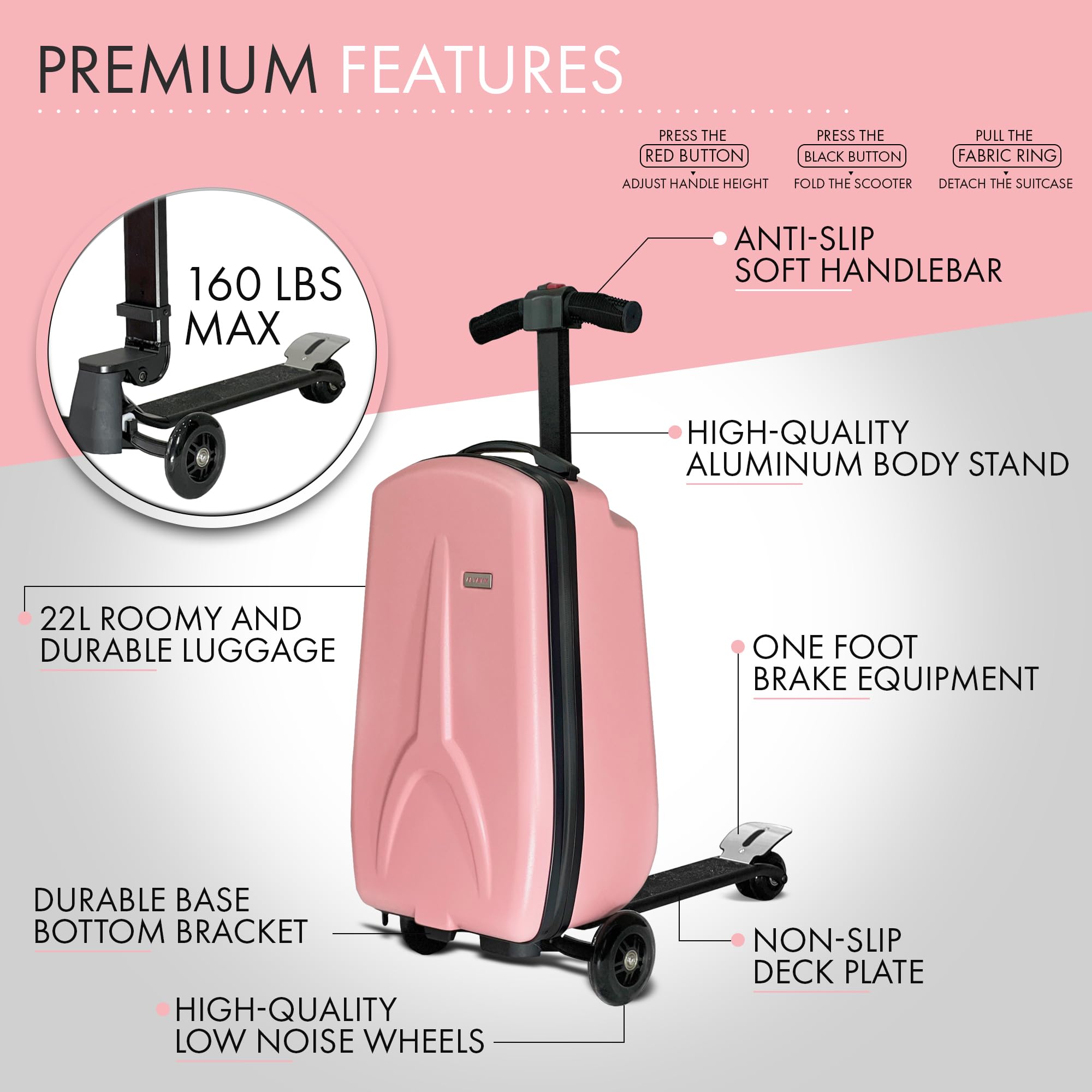 FLYBY X Updated Scooter Luggage For Kids, Multifunctional Detachable & Foldable Scooter Suitcase For Kids Ages 4-15 (Carry-On Ride on Suitcase Scooter Airline Approved)