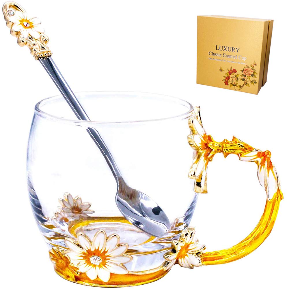 Glass Tea Mug, Mother's Day Gifts, Handmade Enamel Daisy Flower Coffee Cup Set with Handle, Unique Valentine's Day Birthday Gift Idea for Women, Christmas New Year Party Supplies - 12oz Gold