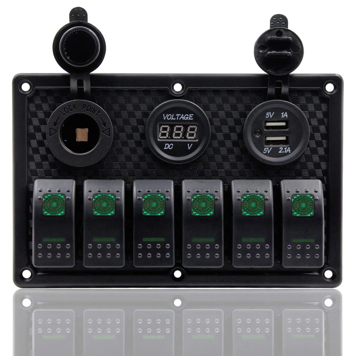 GIDREN 6 Gang Waterproof Rocker Switch Panel with DC 5V 3.1A Dual USB Charger Digital Voltmeter Display DC 12V Power Socket for Car Marine Boat RV Vehicle Truck (6 Gang Green)