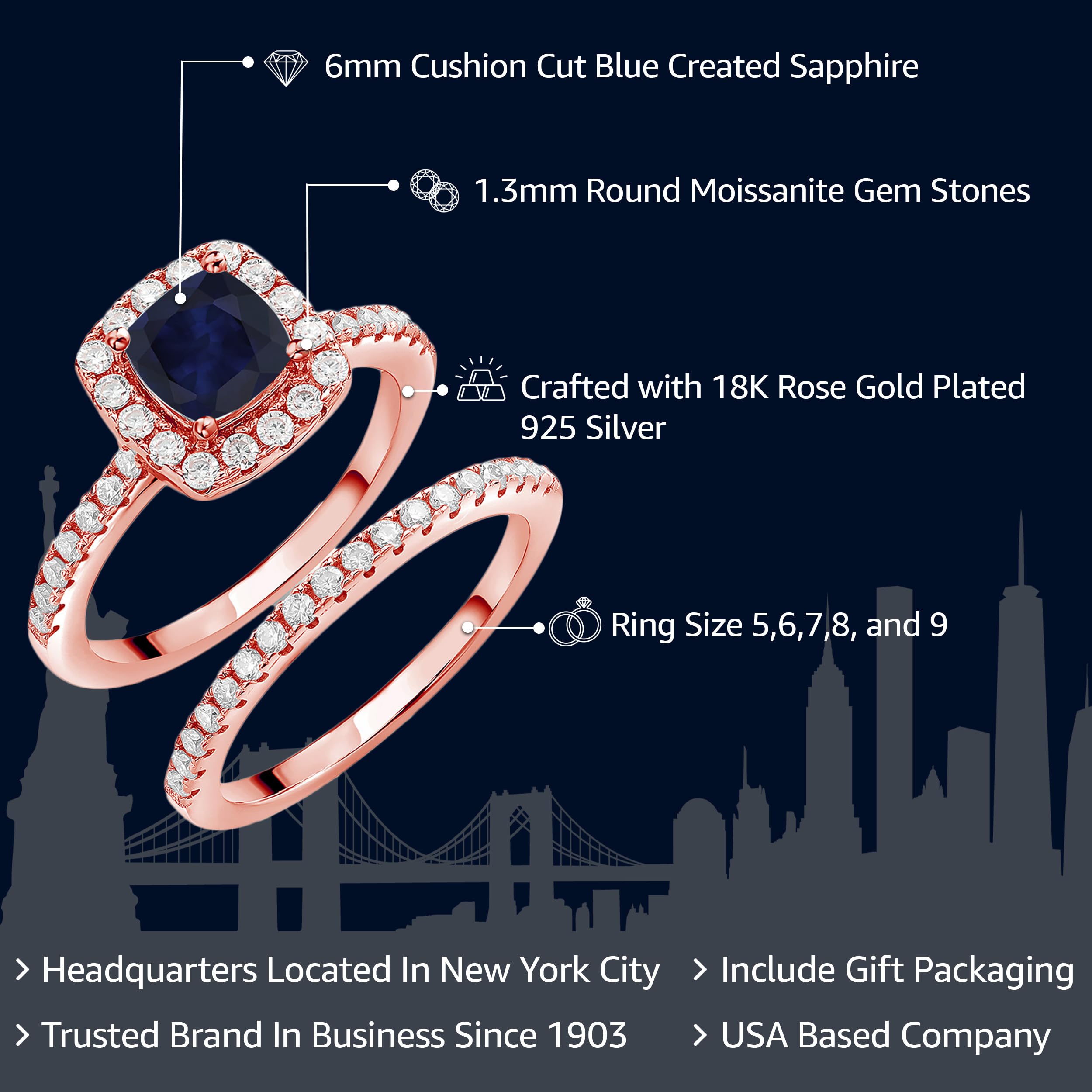 Gem Stone King 18K Rose Gold Plated Silver Cushion Blue Sapphire and Moissanite Women Wedding Engagement Ring Band Bridal Set (1.82 Cttw, Available in size 5, 6, 7, 8, 9)