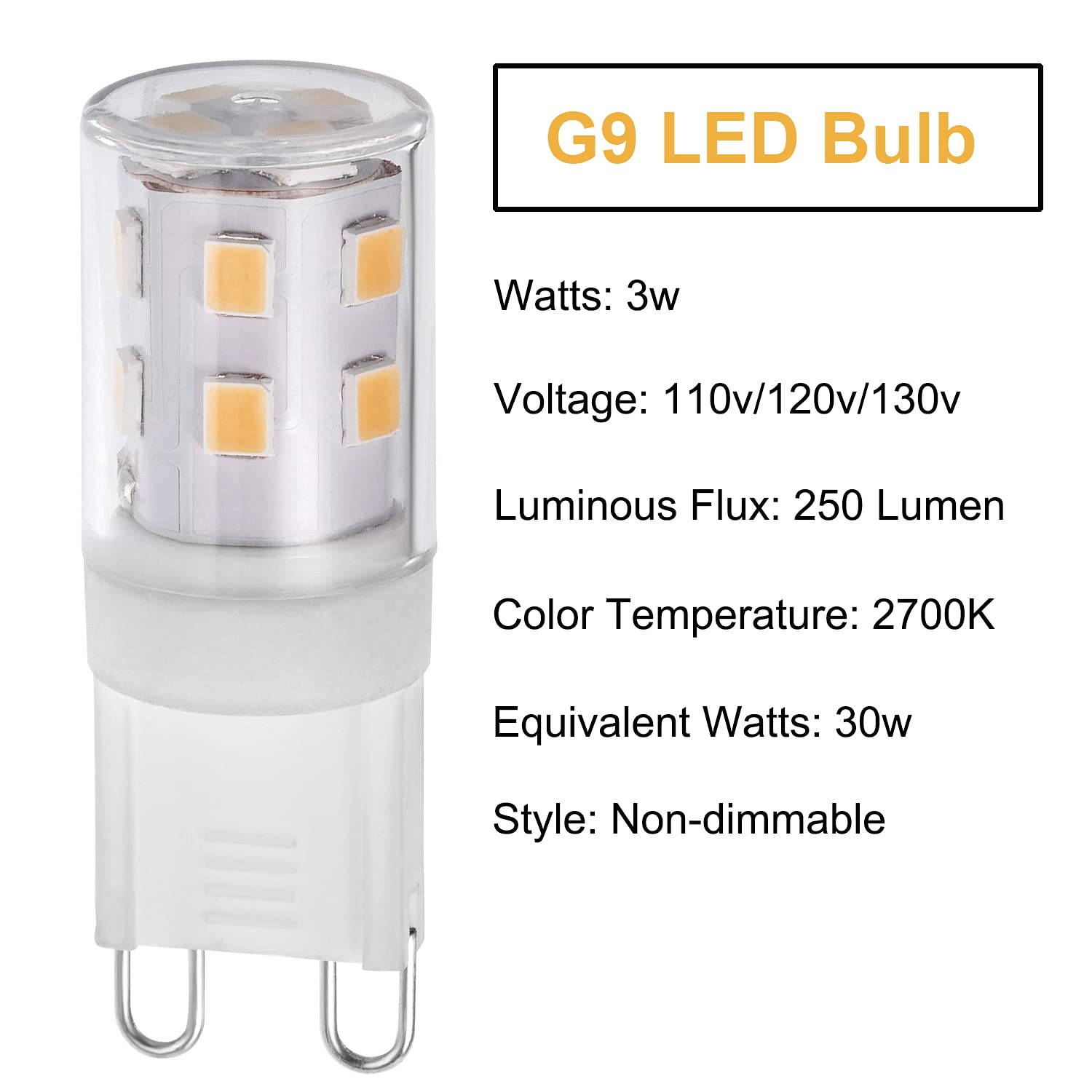 G9 LED Bulb 3W Equivalent to G9 Halogen Bulb 30W, 2700K Warm White G9 Light Bulb Non Dimmable for Home Lighting(6 Pack)