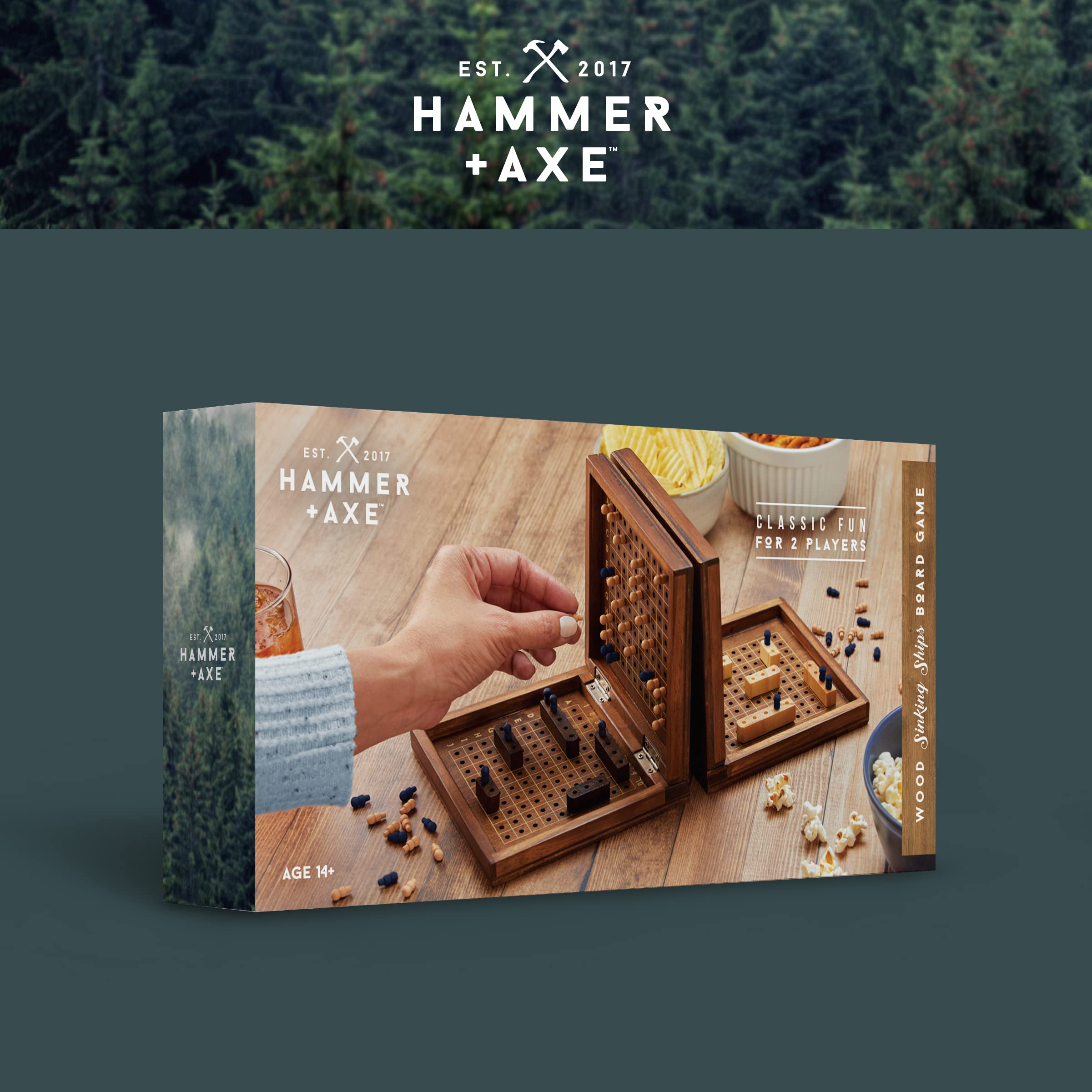 Hammer + Axe Wooden Sinking Ships 2-Player Board Game, Quality Crafted Wood, Portable Vintage Design, Great for Beach Camping Parties & Travel
