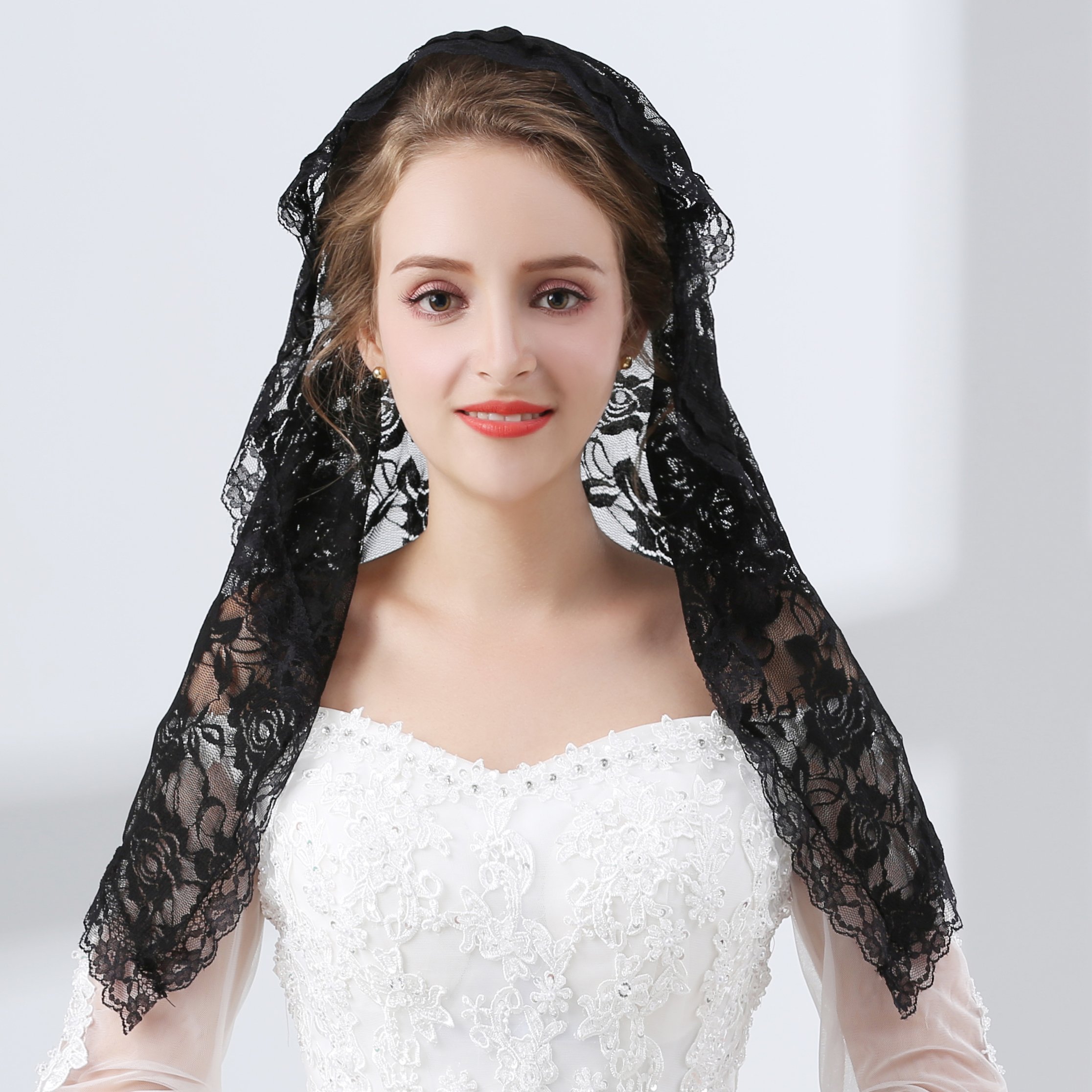 Grettytling womens Mantilla Church Veil For Catholic Woman Chapel Head Covering Mass D Shape Scarf, 2pcs Black&white, Medium