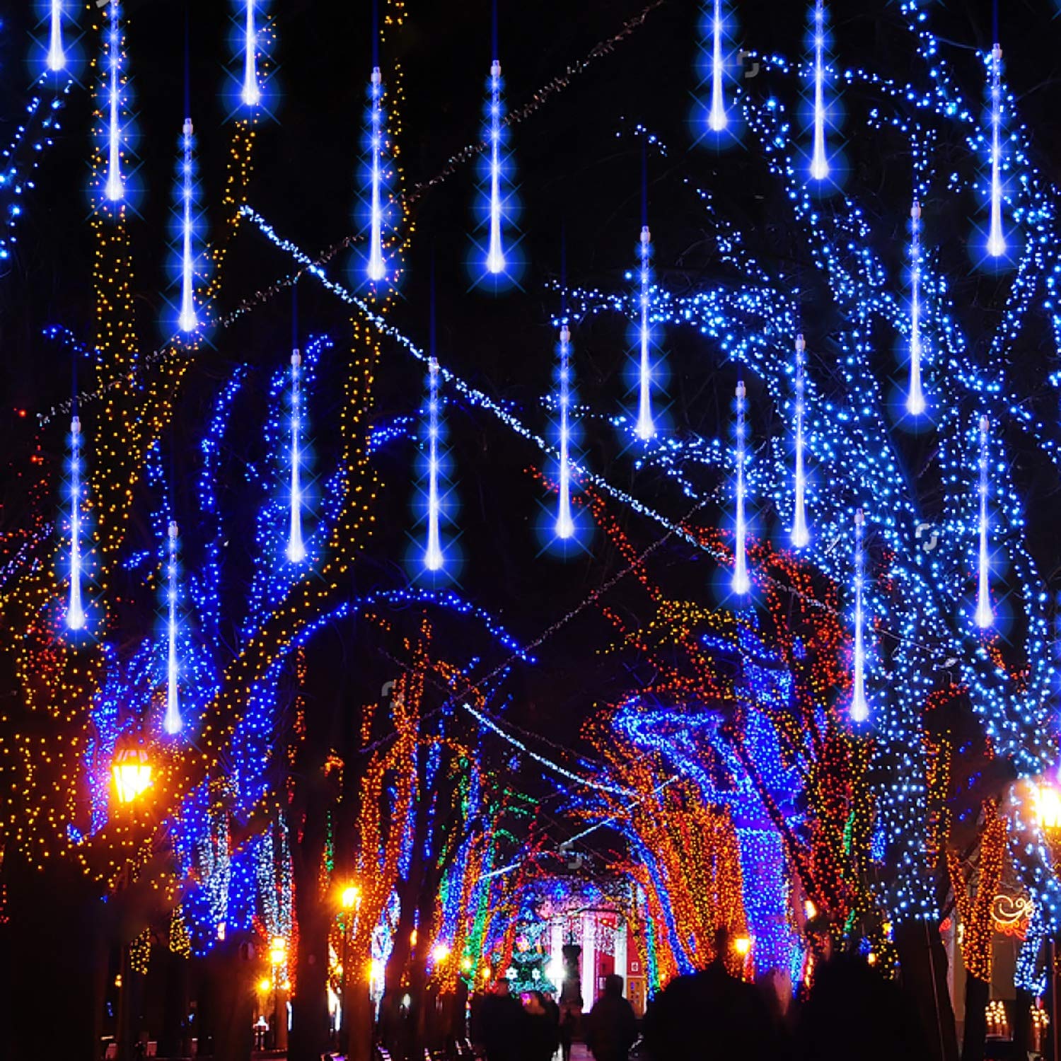 FUNPENY Meteor Shower Rain Lights, 288 LED Christmas Lights Icicle Snow Falling Christmas Lights Outdoor Raindrop Lights, 30cm 8 Tubes Xmas Tree Holiday Decoration (Blue)